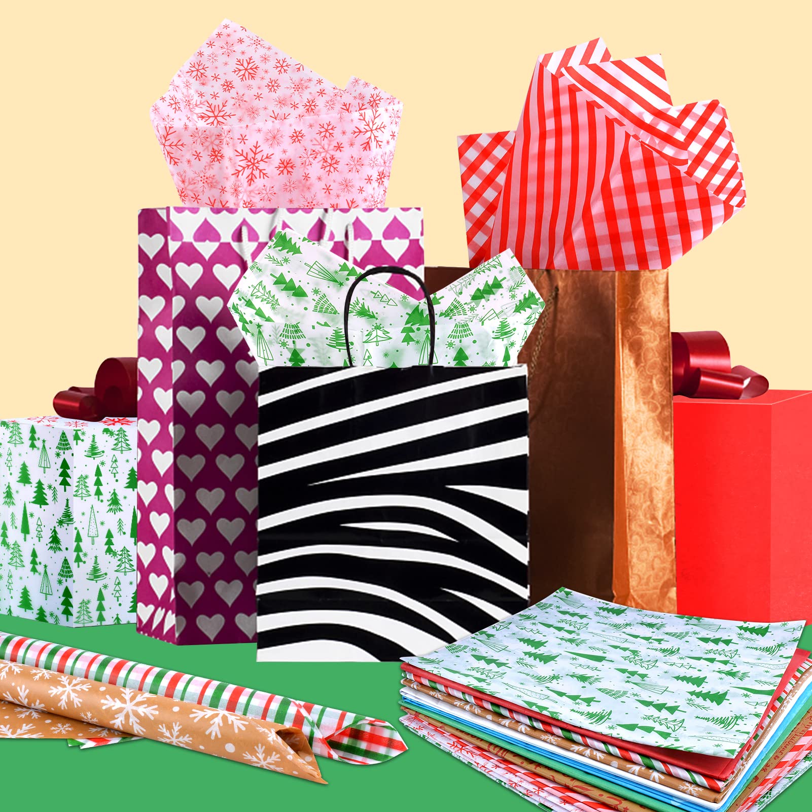 Fasezoomit 150 Sheets Christmas Tissue Paper Wrapping Paper,20" x 20", 10 Designs Gift Wrapping Accessory for Christmas Gift Boxes, Bottles, Holiday Tissue Pape
