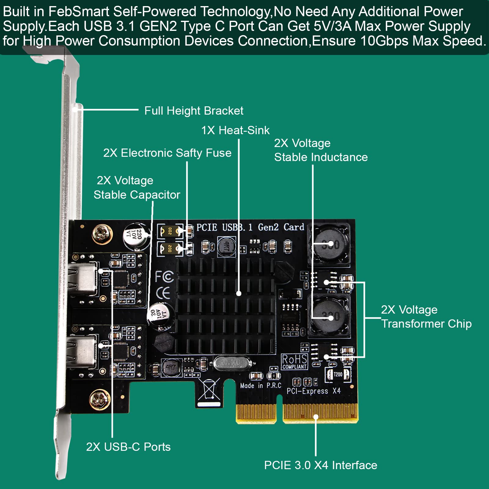 FebSmart 2X 10Gbps Max Speed USB-C Ports PCIE USB 3.1 GEN 2 Expansion Card for Windows, MAC OS and Linux PCs, Built in FebSmart Self-Powered Technology, No Need Additional Power Supply (FS-C2-Pro)