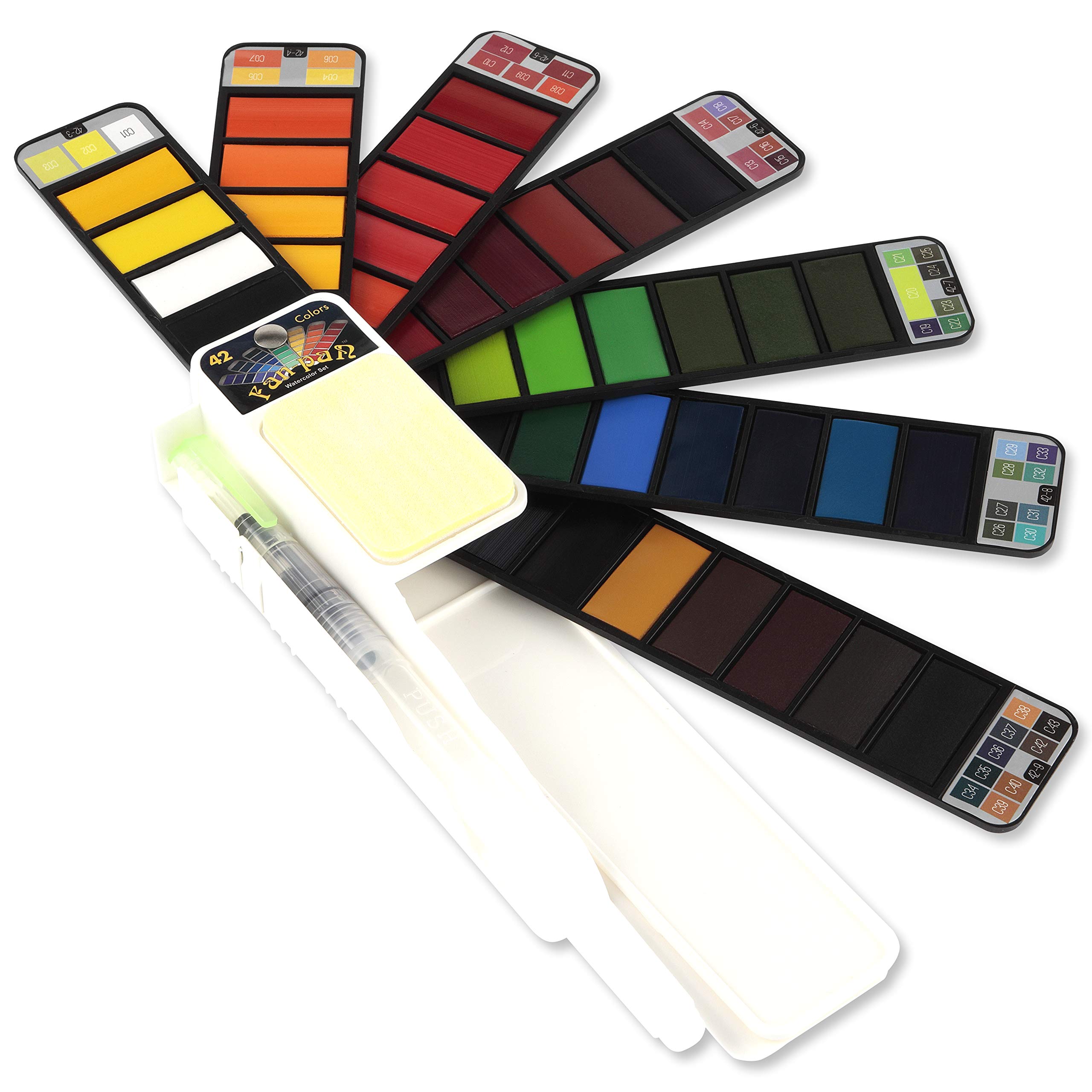 Fan Pan The Original Travel Watercolor Paint Set - 42 Assorted Colors Foldable Portable Smart Kit with Water Paintbrush for Easy Plein Air, Field & Outdoor On the Go Painting