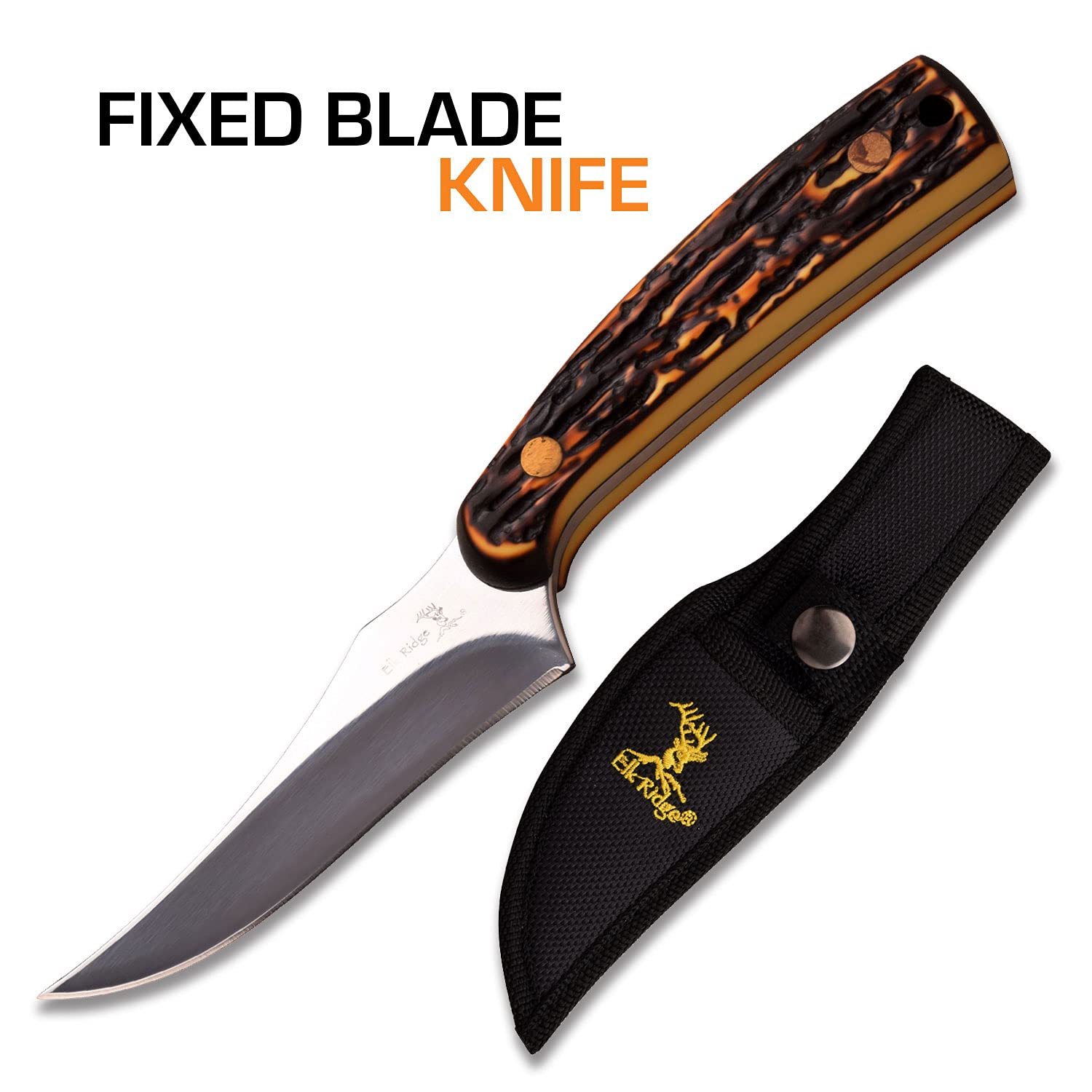 Elk Ridge - Outdoors Fixed Blade Knife - 7-in Overall, 3-in Black Stainless Steel Blade, Simulated Bone Handle, Nylon Sheath - hunting, Camping, Survival - ER-299I