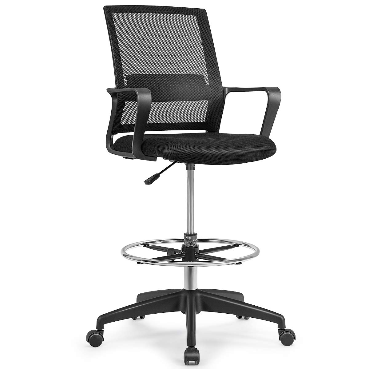 Giantex Mesh Drafting Chair, Tall Office Chair with Adjustable Foot Ring for Standing Desk, Swivel Mid Back Mesh Computer Chair w/Lumbar Support, Adjustable Height, Sturdy Home Office Furniture