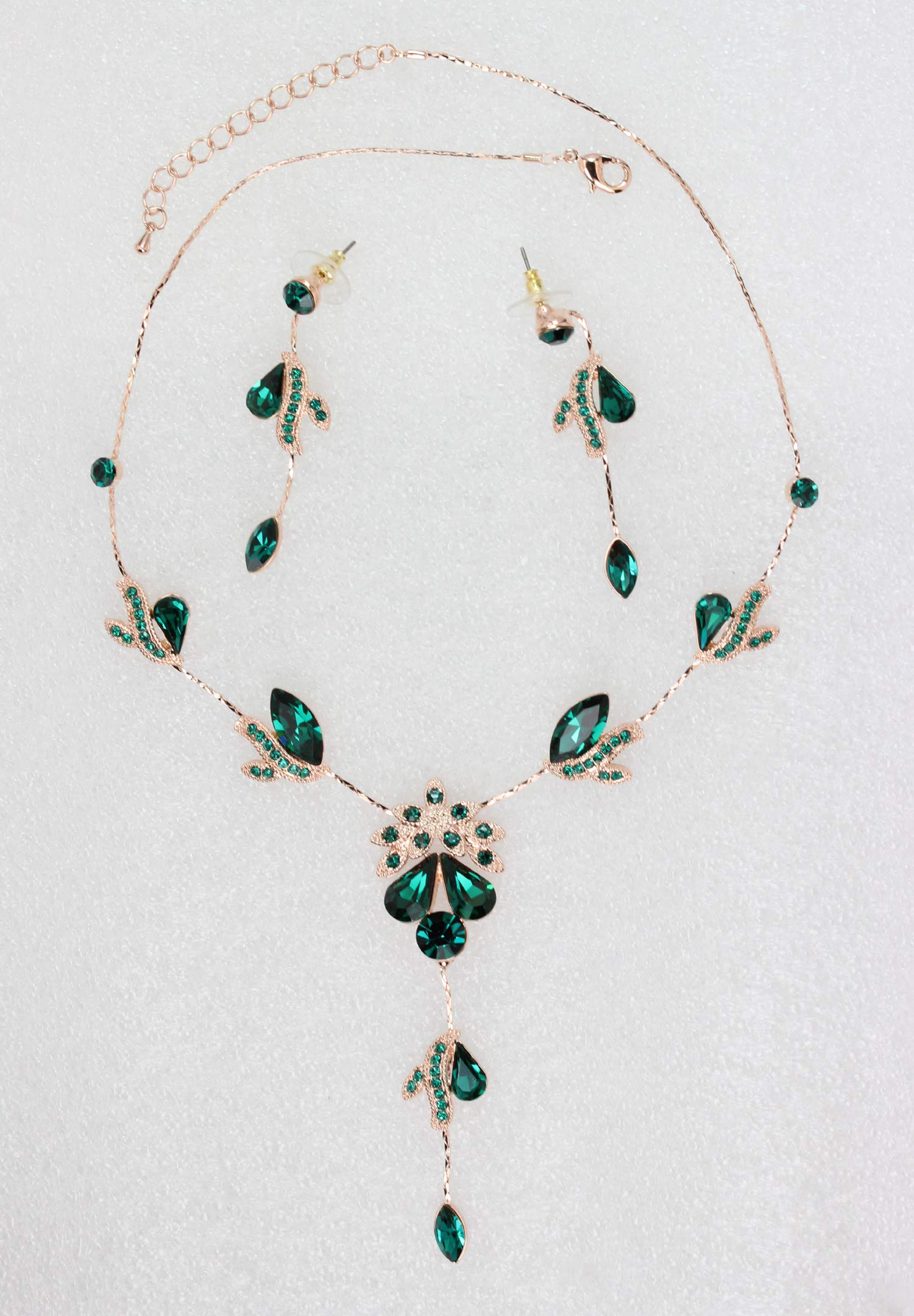 Faship Gorgeous Green Crystal Necklace Earrings Set Wedding Party - Green/Rose Gold Plated