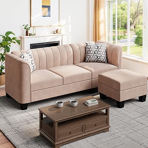 Shintenchi Upgraded Convertible Sectional Sofa Couch, 3 Seat L Shaped Sofa with High Armrest Linen Fabric Small Couch Mid Century for Living Room, Apartment and Office (Beige)