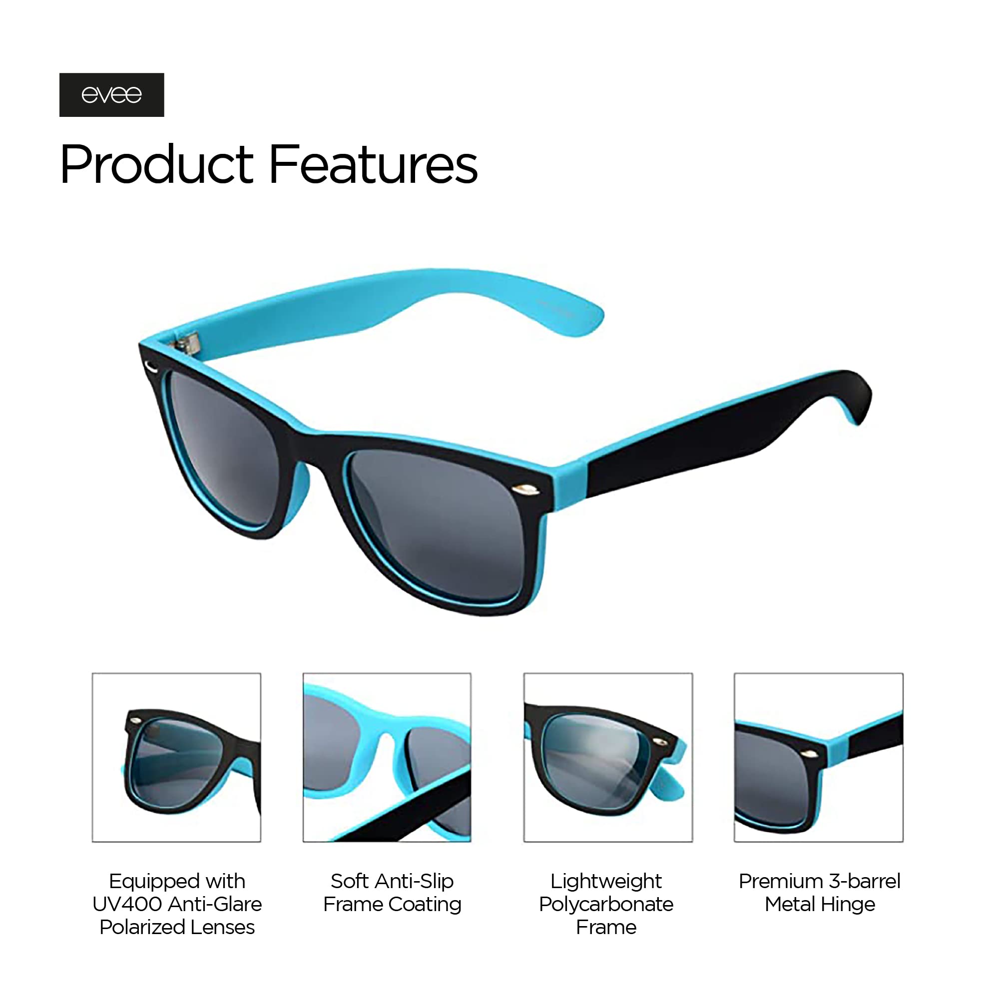EVEE Unisex Iconic RUBBERIZED BLUE/BLACK UNISEX SQUARE POLARIZED SUNGLASSES + EVEE LIMITED EDITION CASE + MICROFIBER CLEANING CLOTH (E-ICPPBLGY) (Blue, GREY)