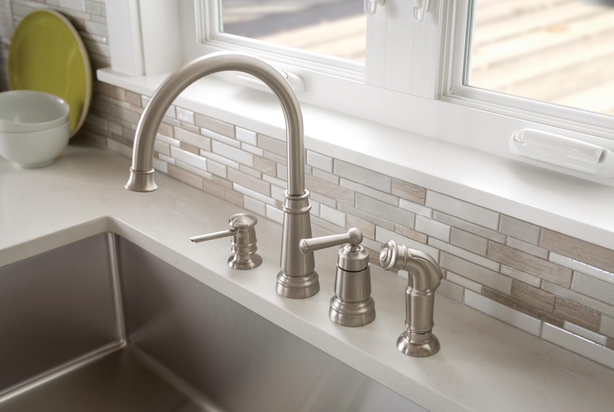Moen Spot Resist Stainless One-Handle High Arc 4-hole Kitchen Faucet with Side Sprayer and Soap Dispenser, 87042SRS