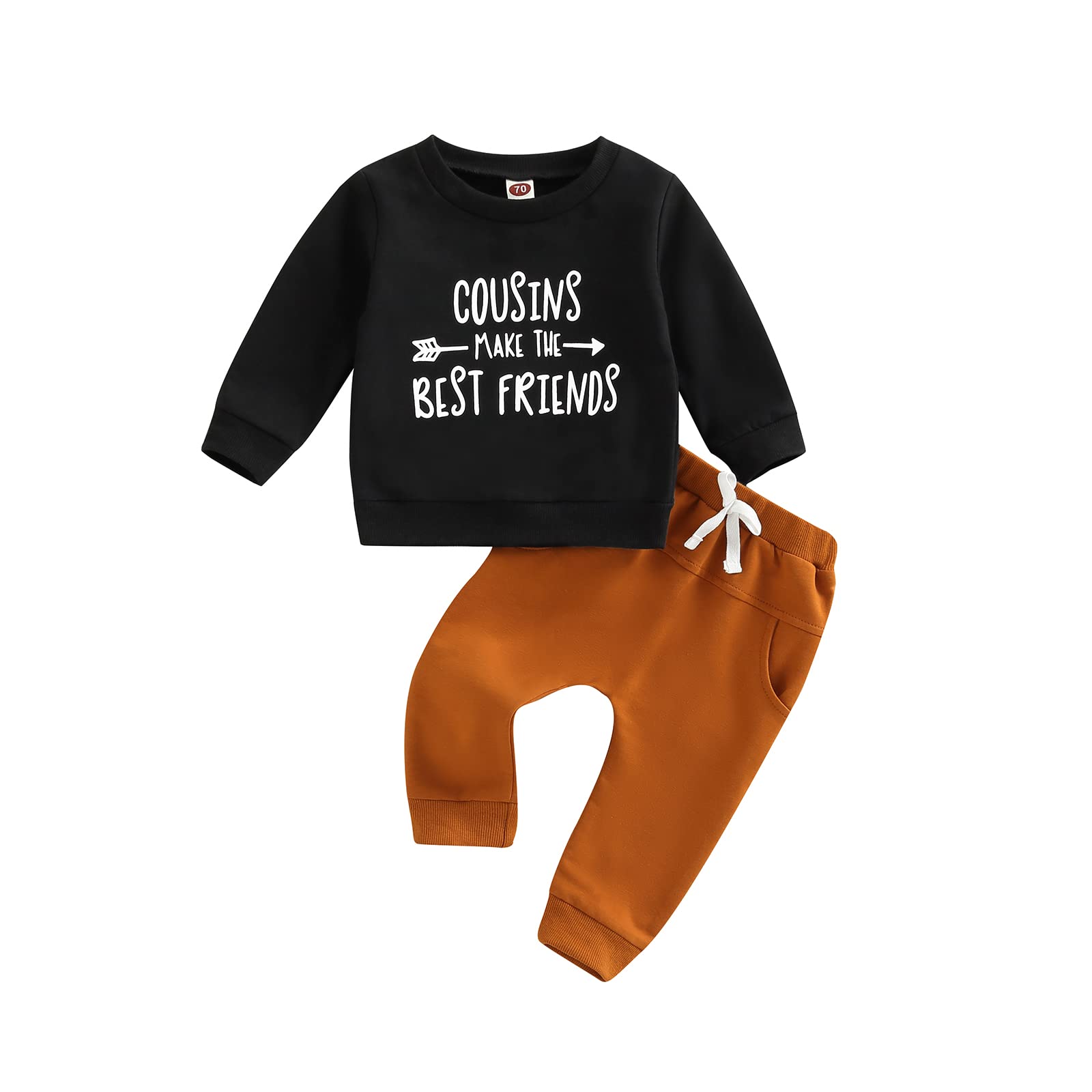 Kuriozud Fall Baby Boy Outfits Cousins Long Sleeve Crew Neck Sweatshirt Pullover Top+Solid Drawstring Pants Set (Black Brown, 3-6 Months)