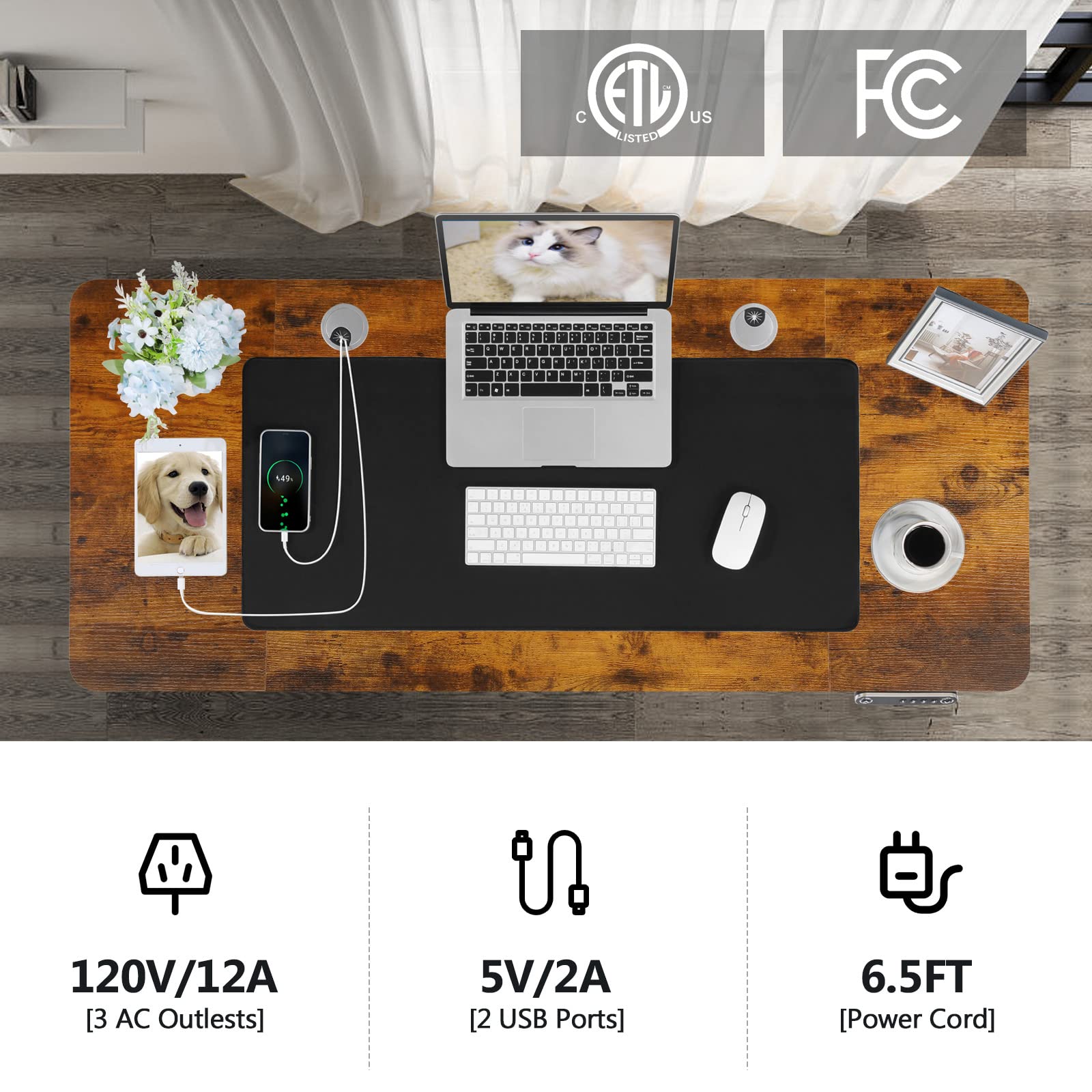 farexon Adjustable Standing Desk, 48in Raising Desk Ergonomic Desk with 2 USB Ports & 3 Power Outlets, and 6.5 ft Power Cord, Height Adjustable Desk with Double Crossbeam Structure, Brown
