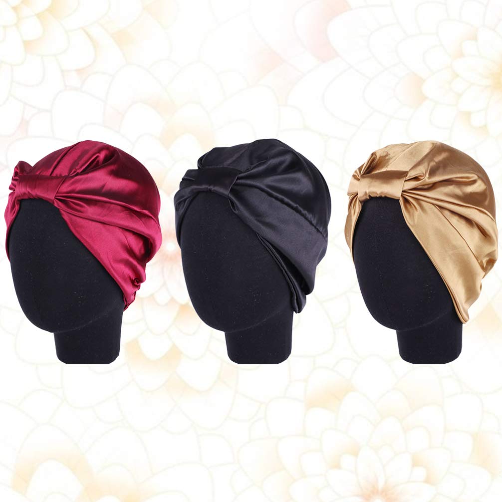 EXCEART 3pcs Satin Silk Lined Sleep Cap Beanie Hat Elastic Night Headwear Turban Sleep Cap Black Wine Red Khaki