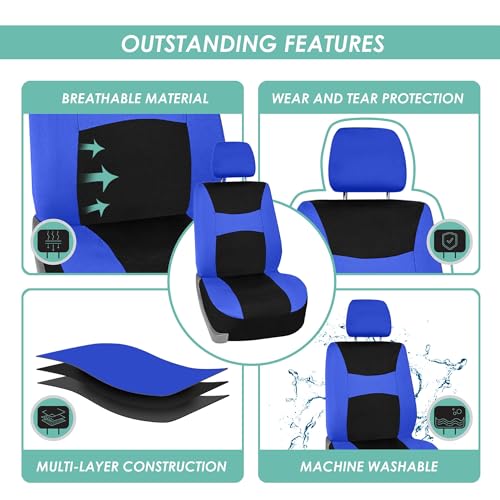 FH Group Light & Breezy Cloth Full Set Car Seat Covers (Blue/Black) Combo Set: Steering Wheel Cover, Seat Belt Pads and Black Vinyl Floor Mats β Universal Fit for Cars Trucks & SUVs