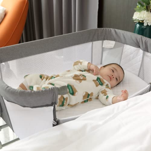 Gyvif Baby Bassinet Bedside Sleeper Crib, Easy Folding Co Sleeper Bed Side Adjustable Height Portable Crib with Wheels for Newborn