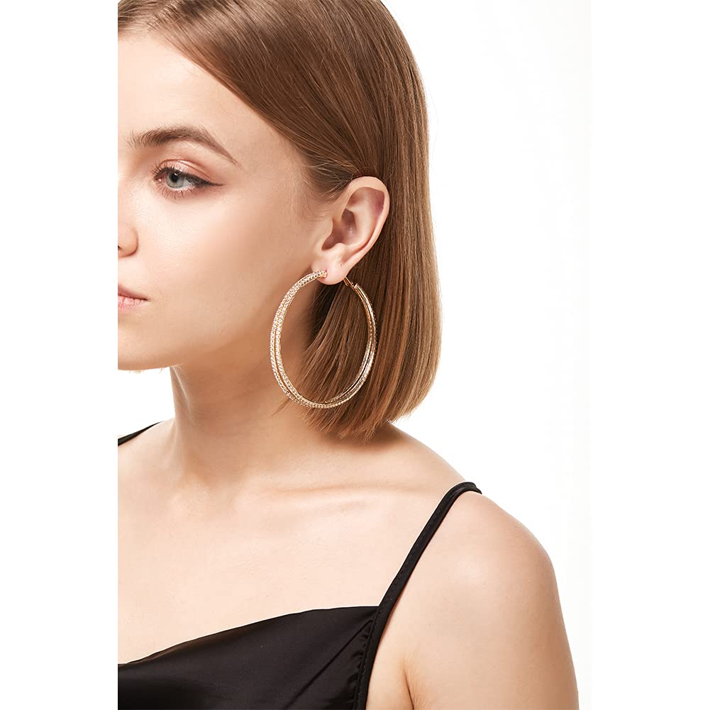 Extra Large Rhinestone Hoop Earrings – 2.67 Inch Oversized Big Huge Crystal Lightweight Hoop Earrings for Women (Gold)