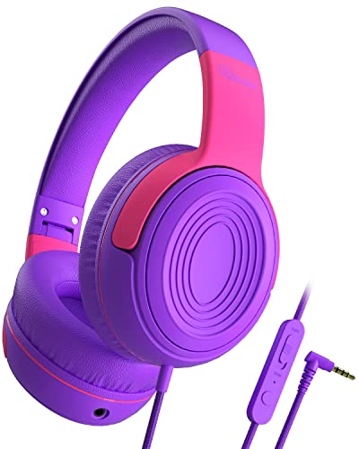 ELECDER Kids Headphones, S8 Wired Headphones for Kids with Microphone for Boys Girls, Adjustable 85dB/94dB Volume Limited, 3.5 mm Jack for School/Kindle/Smartphones/Tablet/Airplane Travel(Purple/Red)