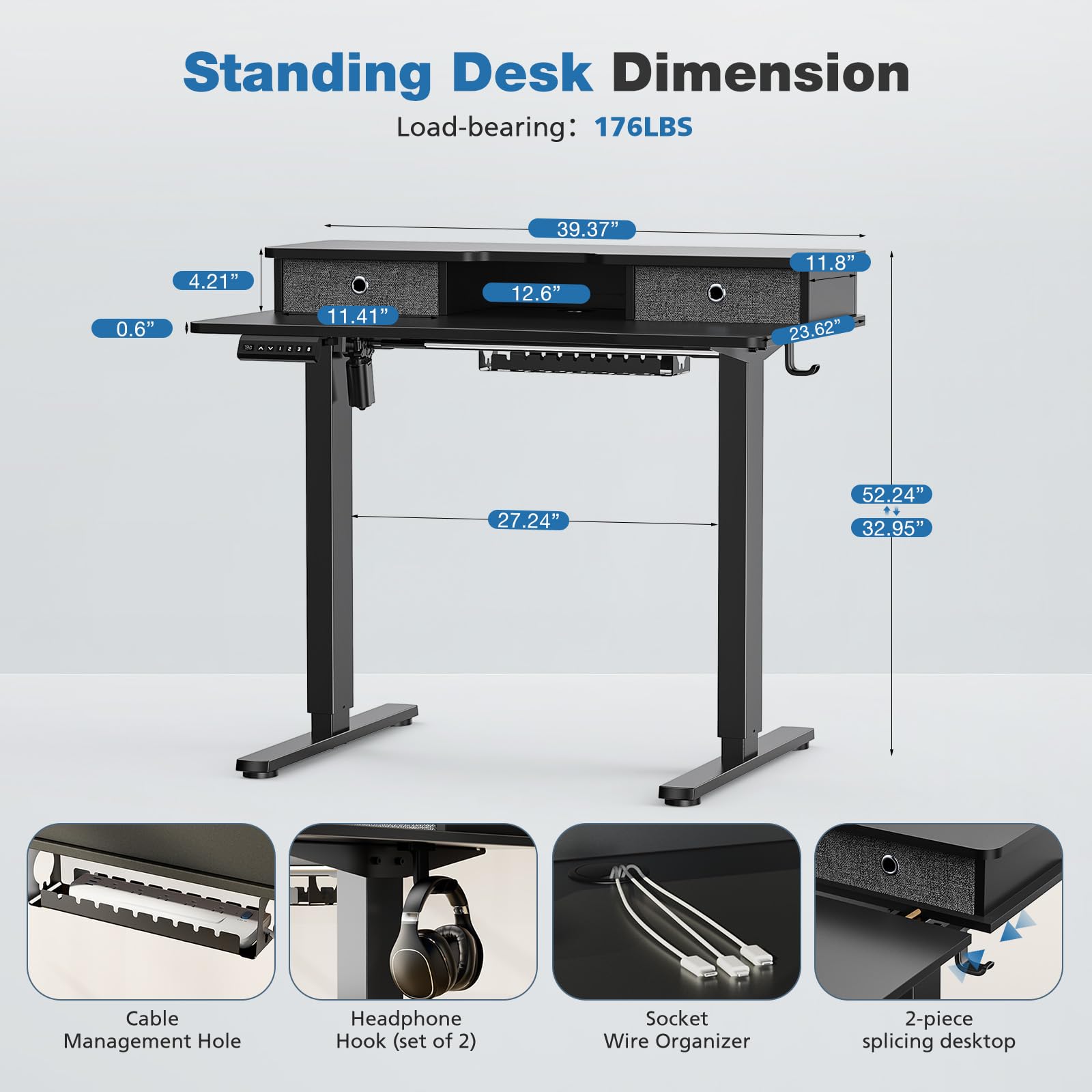DUMOS 40 Inch Electric Standing Desk with Double Drawers Height Adjustable Sit Stand Up PC Work Table Ergonomic Rising Home Office Computer Workstation with Storage Shelf