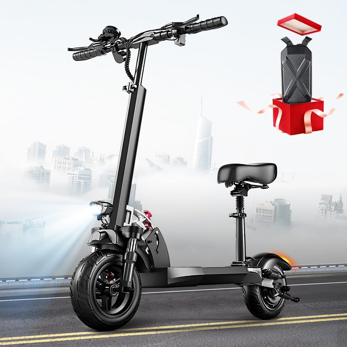 Electric Scooter Adults with Seat Powful 800W Motor up to 28 Mph & 35 Miles Long-Range, 10" Pneumatic Tire Portable Folding Commuting Scooter Electric for Adults 350 LBS Load