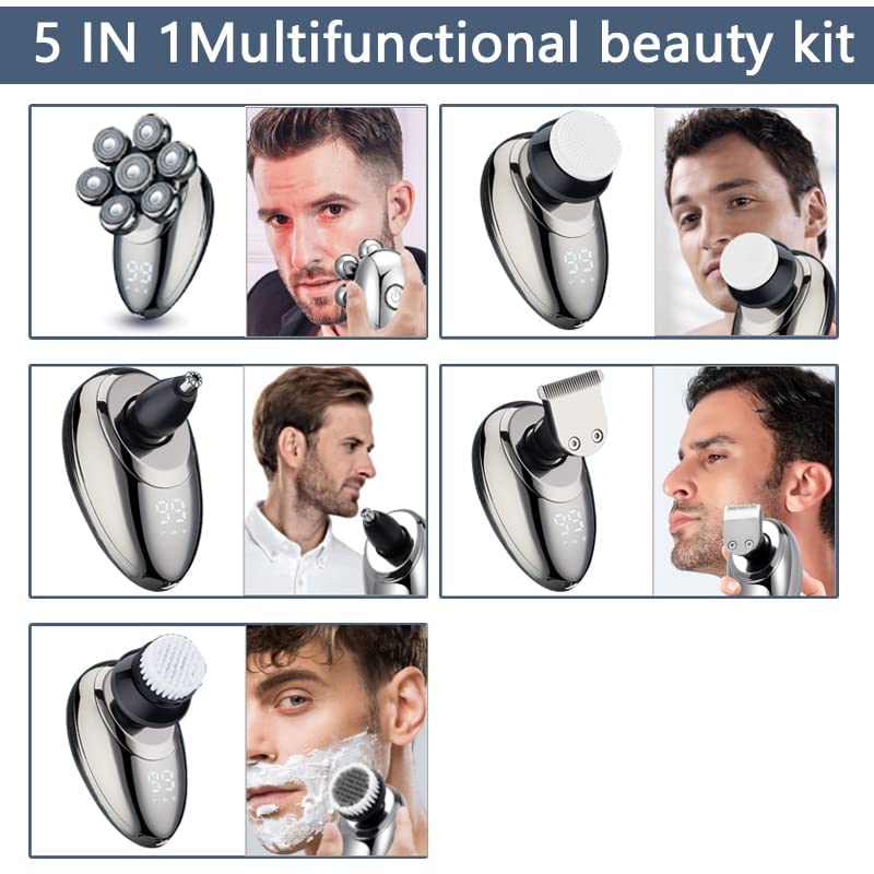 LXosff Electric Head Shaver for Bald Men, 5-in-1 Men's Electric Rotary Razor with 7D Floating Head, 100% Washable Wet & Dry Shaving with Grooming Kit, LED Display, USB Rechargeable Type-C Adapter.
