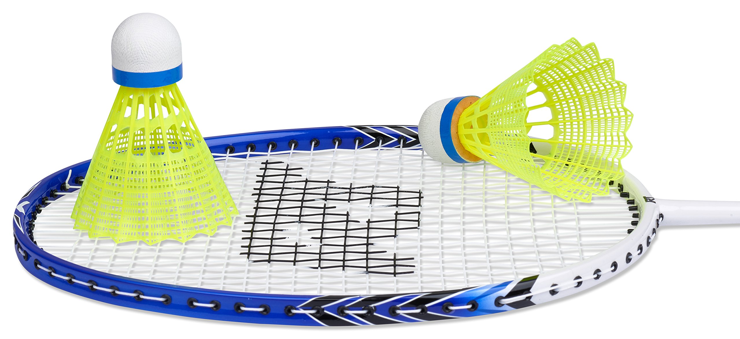 FiberFlash 7 Badminton Racket Set, Featuring 2 Carbon Fiber Shaft Racquets, 3 Shuttlecocks Plus Fabric Carrying Bag All Included (Red/Blue/White)