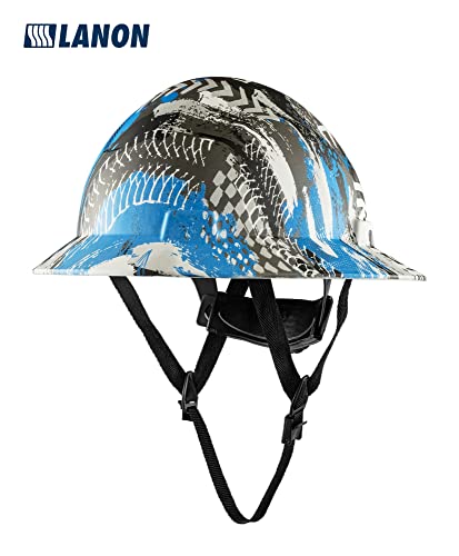 LANON Full Brim Hard Hat, OSHA Construction Work Approved, Blue Pattern Design, FRP Safety Helmet with 4 Point Adjustable Ratchet Suspension, Class C