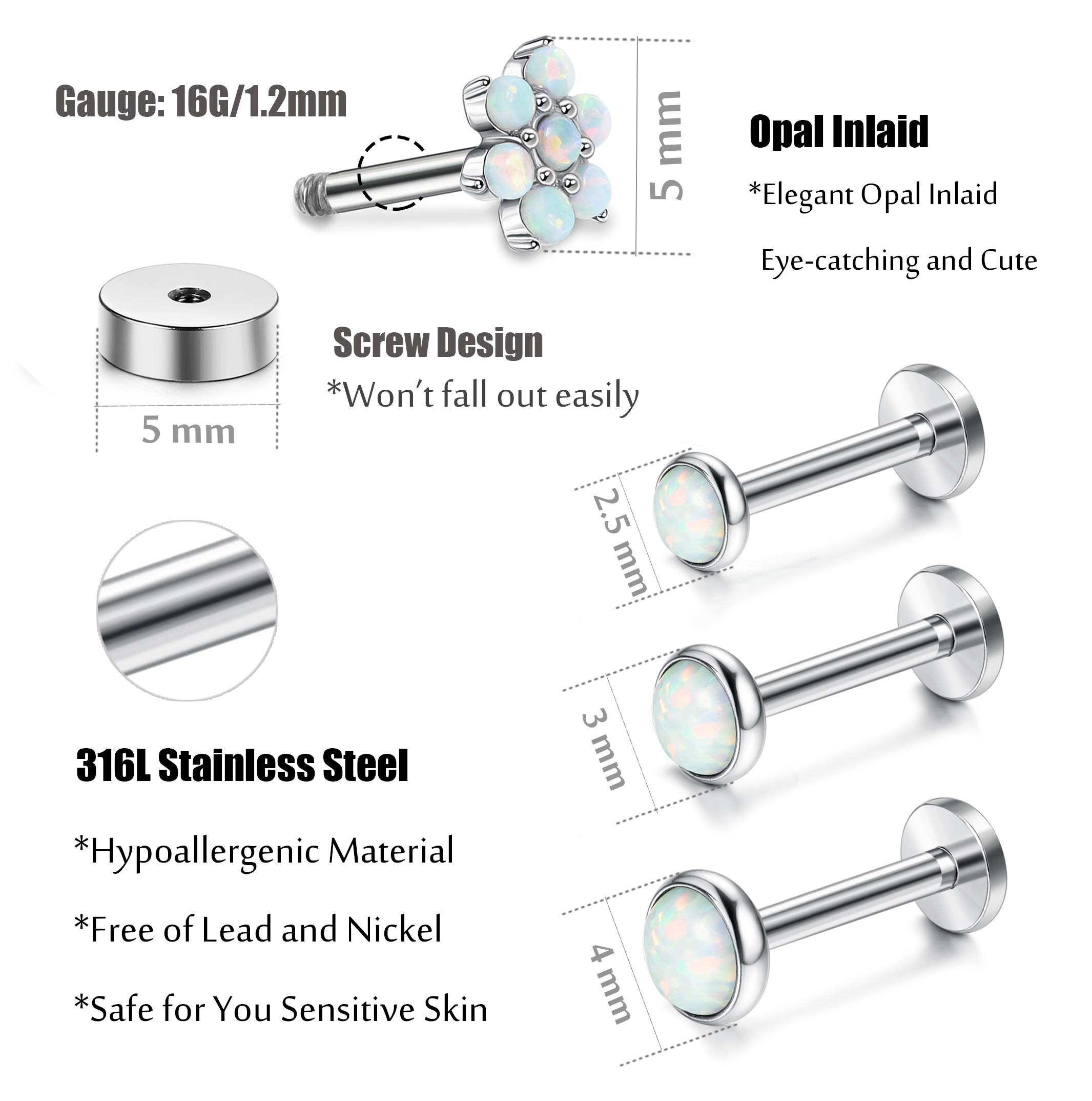 FIBO STEEL 4 Pcs 16G Stainless Steel Cartilage Stud Earrings for Women Opal Targus Helix Daith Conch Ear Piercing Jewelry 6mm