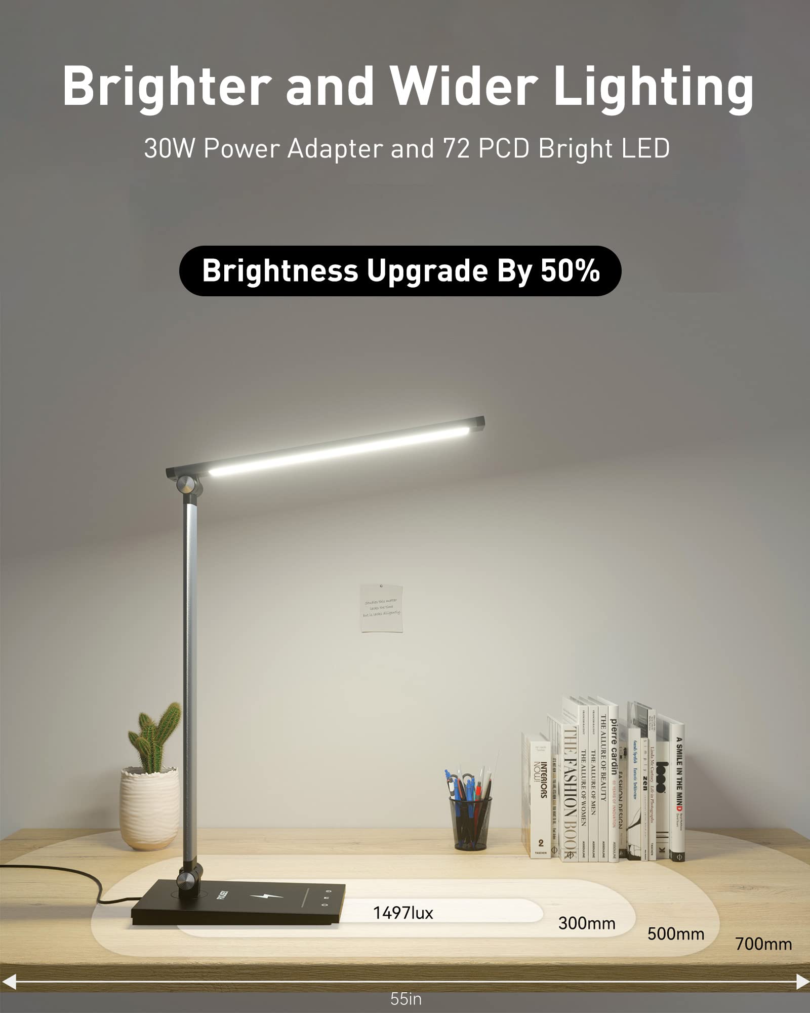 FOCASEY LED Desk Lamp with Wireless Charger,USB Charging Port,Eye-Caring Desk Lamps for Home Office,Touch Control Table Lamp with 25 Lighting Modes,Desk Light for Study,Reading,Office,Black
