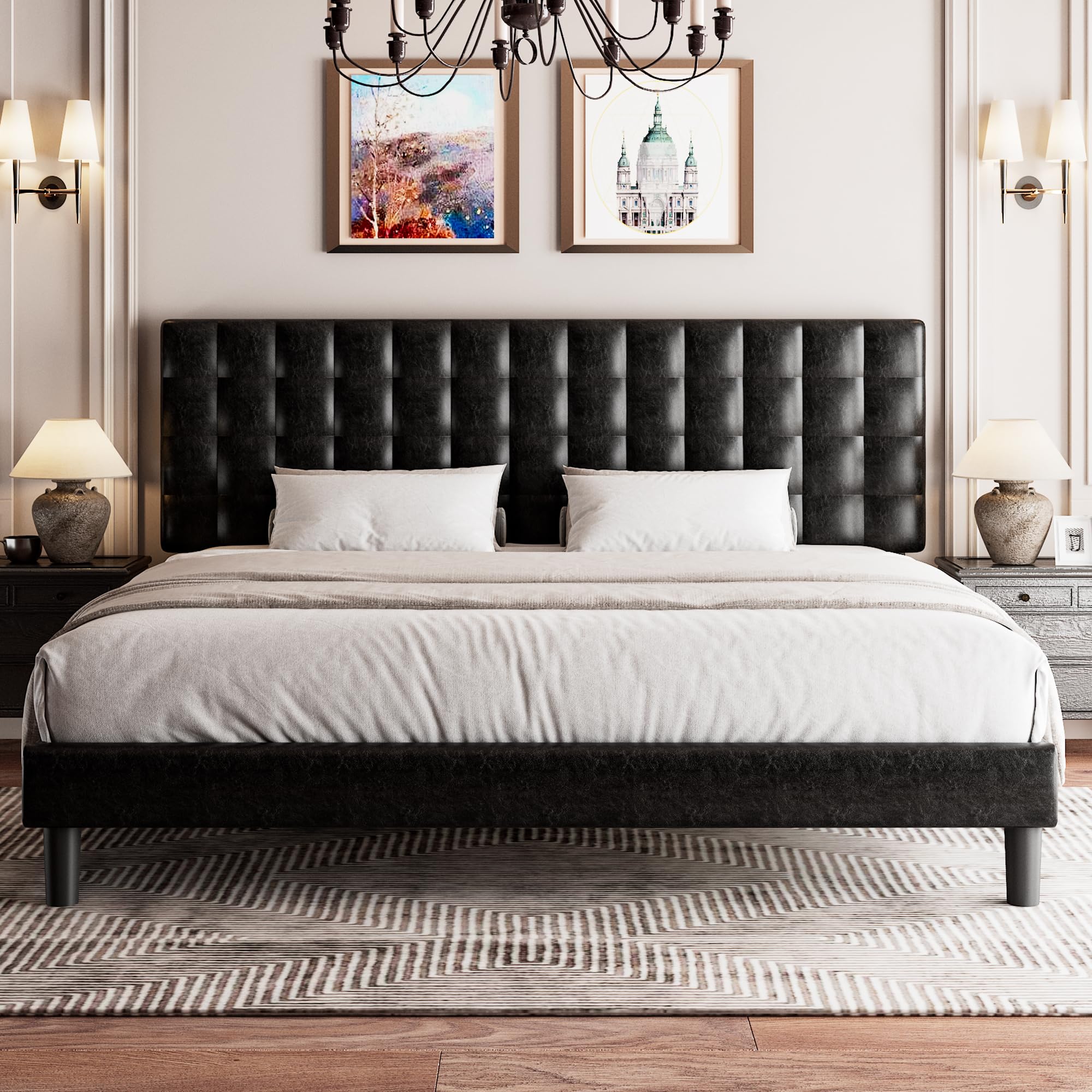 Feonase King Size Bed Frame with Square Stitched Headboard, Faux Leather Upholstered Platform Bed Frame, High-Density Sponge Filled, Solid Wood Slats, No Box Spring Needed, Noise-Free, Black
