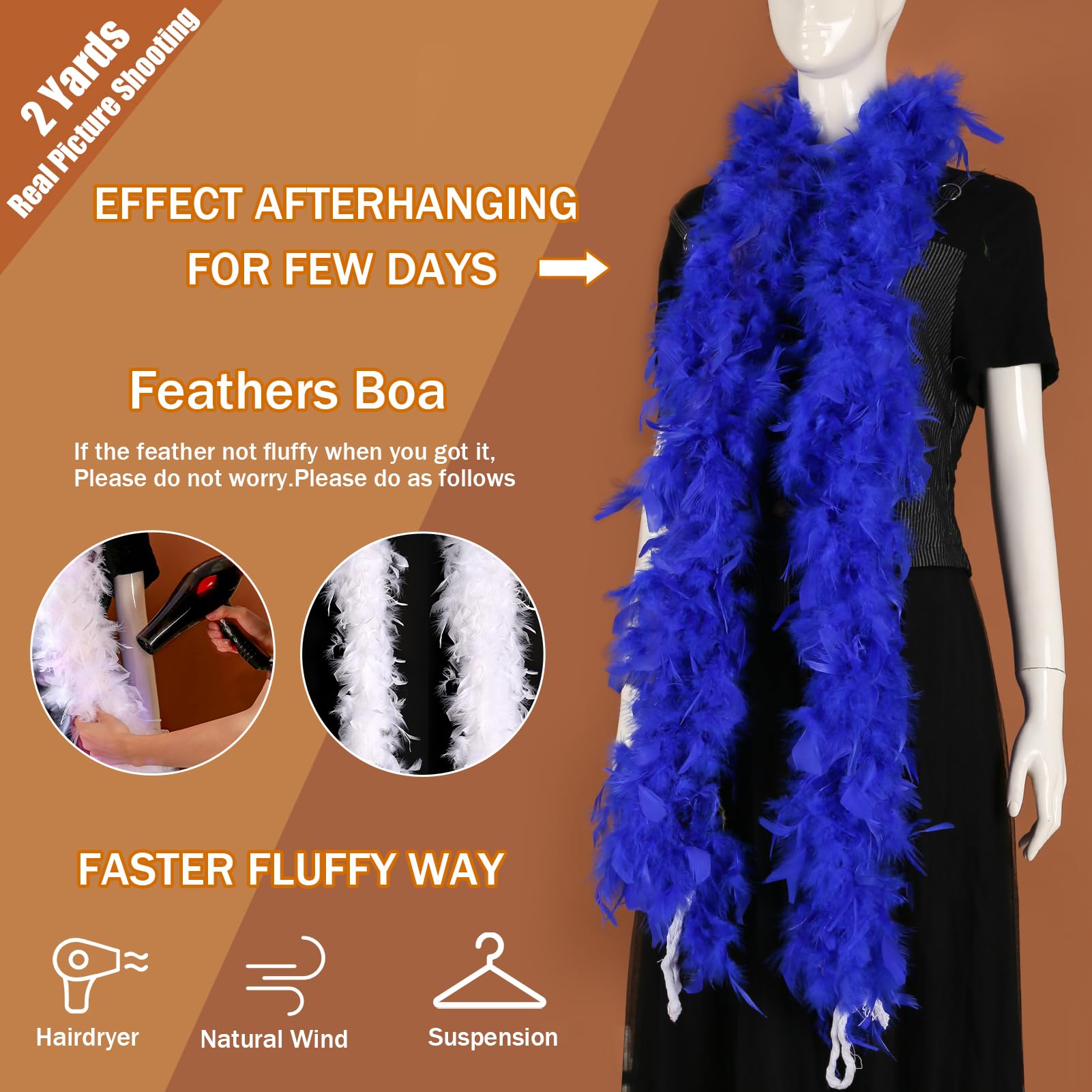 FeelfunFeather Blue Chandelle Turkey Feather Boa 2 Yards 45g for DIY Craft Wedding Party Dancing Concert Halloween Christmas Costume Home Decoration