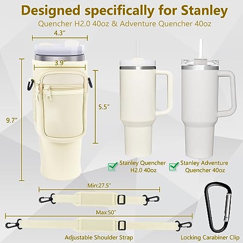UQM Water Bottle Carrier Bag for Stanley 40 Oz Tumbler with Handle, Water Bottle Holder with Adjustable Shoulder Strap, Stanley Cup Accessories for Hiking Travelling Camping (Cream)