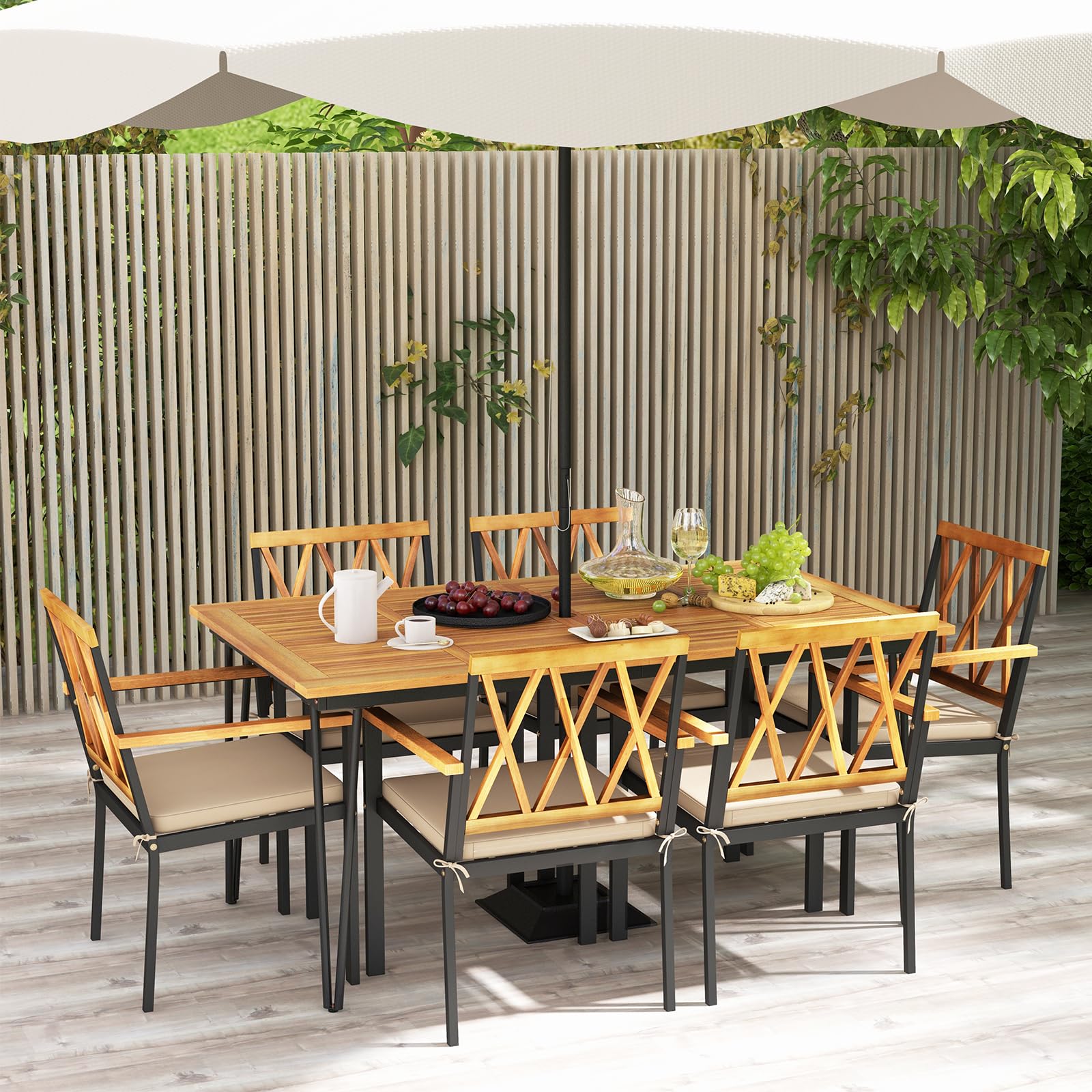 Tangkula 7-Piece Patio Dining Set, Acacia Wood Outdoor Furniture Set with 2β Umbrella Hole and Seat Cushions, Rectangular Dining Table and 6 Chairs Set for Patio Garden Poolside Backyard