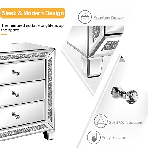 VINGLI Mirrored Nightstands Set of 2 Modern Bedside Table 3 Drawer Glass Side End Table Silver Dresser for Bedroom, 23”L x 13.8”W x 24.3”H
