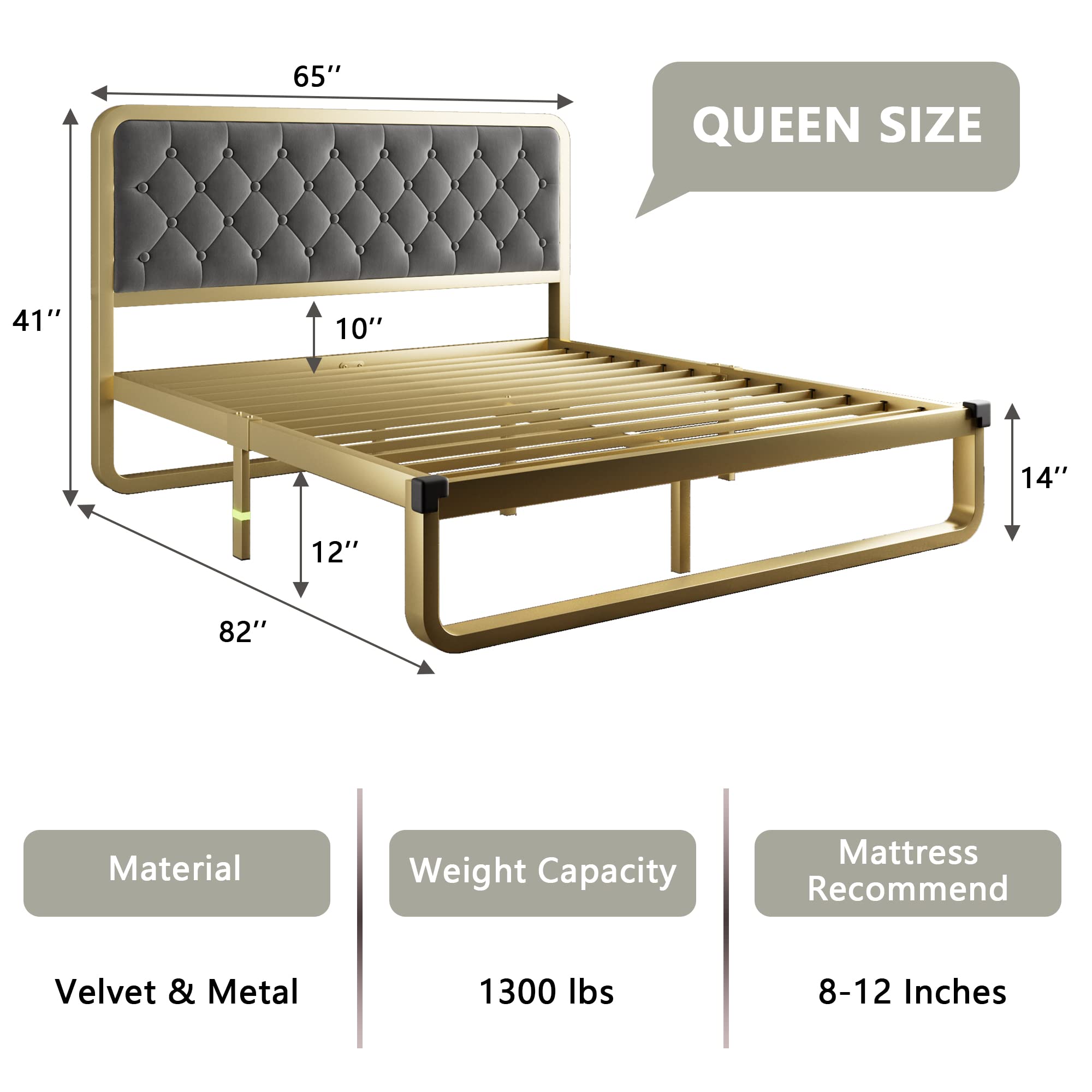 Feonase Queen Size Platform Bed Frame with Heavy-Duty Steel Slats, Velvet Upholstered Bed Frame with 12" Storage Space, No Box Spring Required, Noise Free, Easy Assembly, Golden and Gray