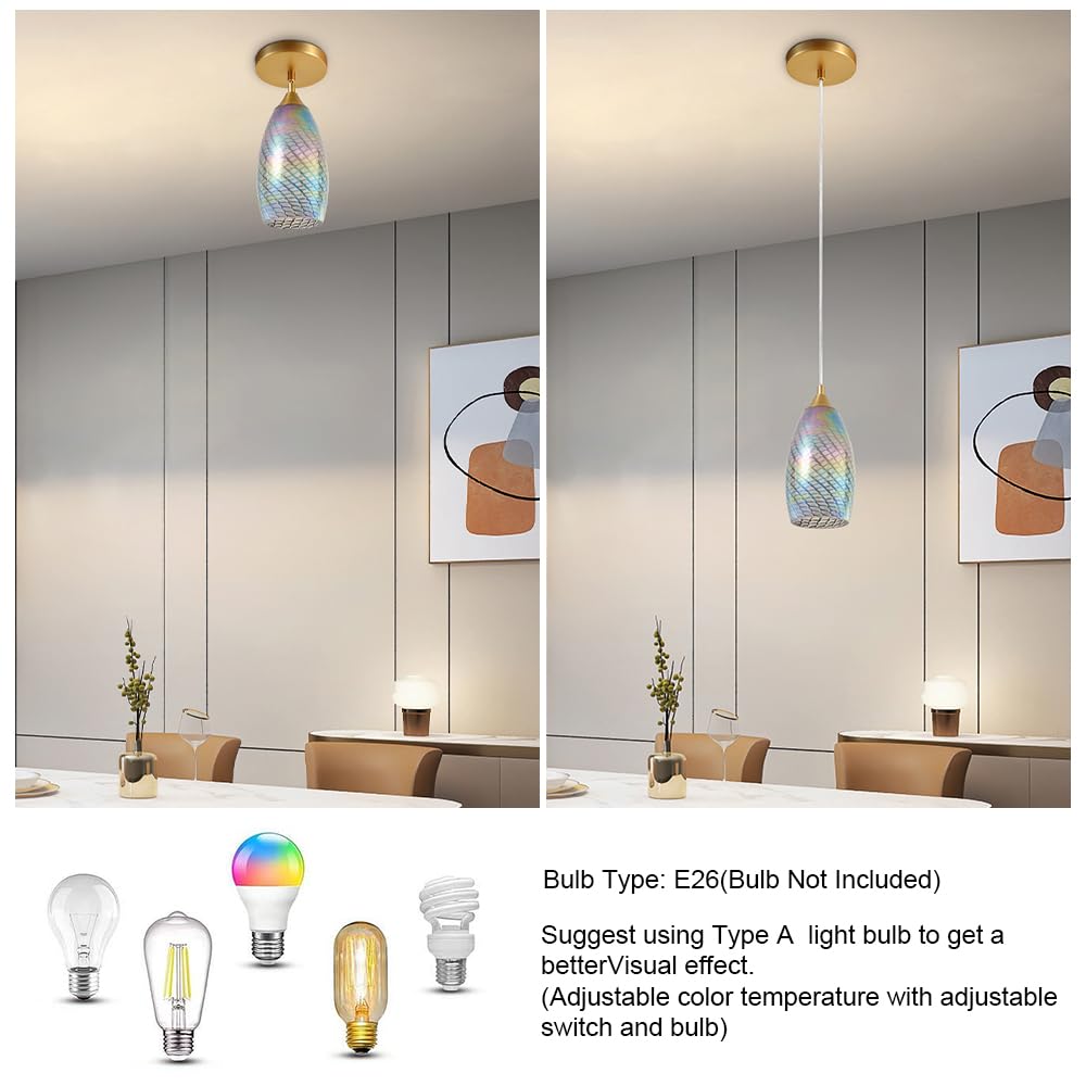 Eicrkodn Mini Glass Pendant Lights Kitchen Island, Handcrafted Blown Art Glass Ceiling Pendant Lighting with Brushed Gold Finish, Adjustable Cord Pendant Lights for Hallway,Dining Room, 3 Pack