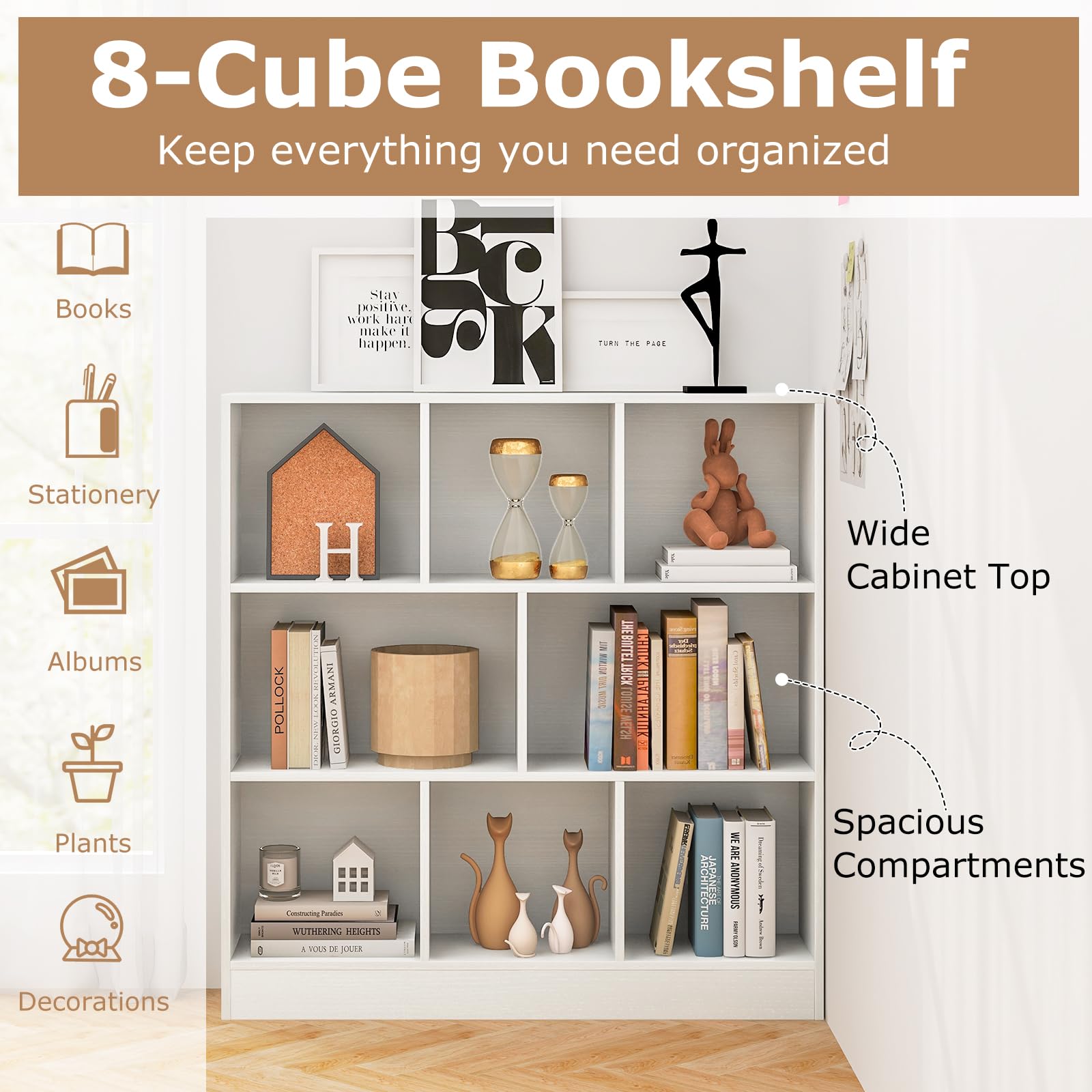 Tangkula 8-Cube Bookshelf, 39.5βL Floor Bookcase with 2 Anti-Tipping Kits, Freestanding Storage Organizer, 4-Tier Display Shelf for Home, Office & Dorms, Natural/White (White, 8-Cube)