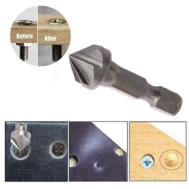 TorSor 3 Pack Countersink Drill Bit Chamfer Bits 6 Flute for 6.35mm 1/4'' Hex Shank Burr Removal Holes Shaping Trimming Opener Tool Polish Knife Cutter Woodworking 90° Degree Center Punch Sets Wood