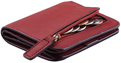 Toughergun Womens Rfid Blocking Small Compact Bifold Luxury Genuine Leather Pocket Wallet Ladies Mini Purse with ID Window (11 ReNapa Red Deep)