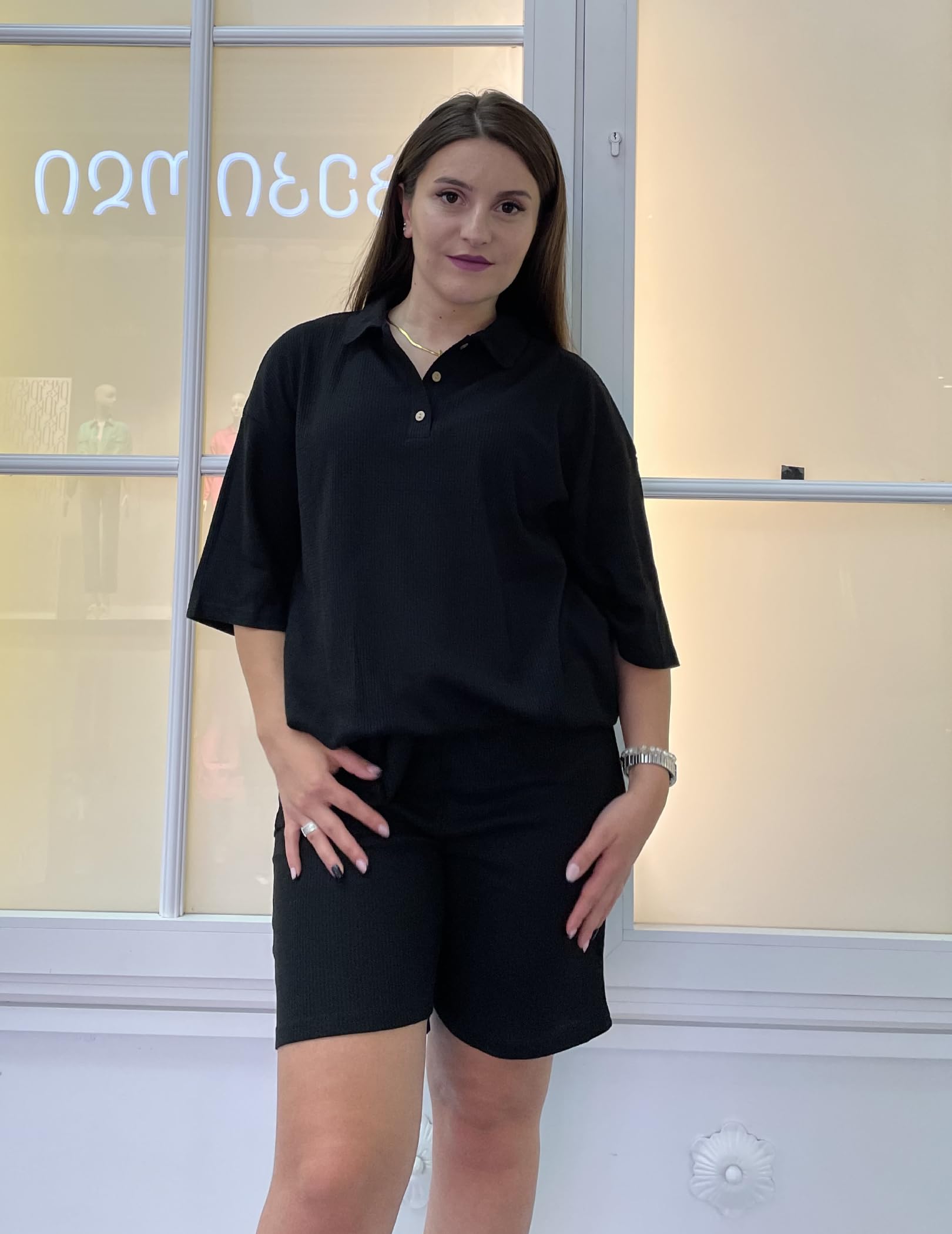 Ekouaer Pajamas 2 Piece Lounge Sets Waffle Knit Matching Outfits Oversized Shirt Loungewear Sweatsuits Summer Tracksuit Black