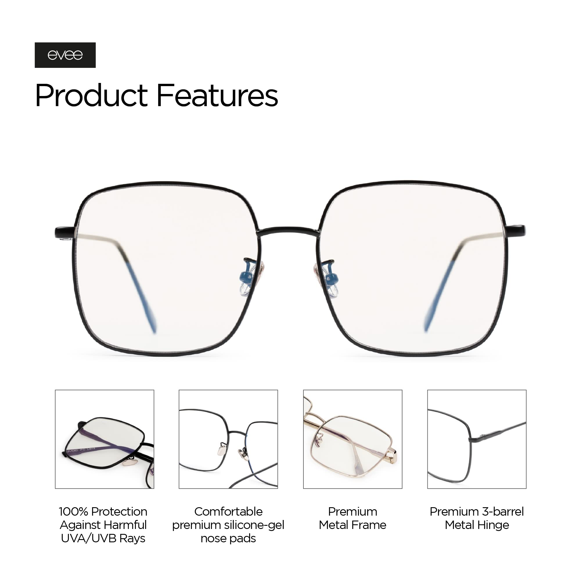 EVEE Square Oversized Anti-Blue Light Glasses For Women with Flat Lenses and Metal Frame - (Kelly) (Matte Black)