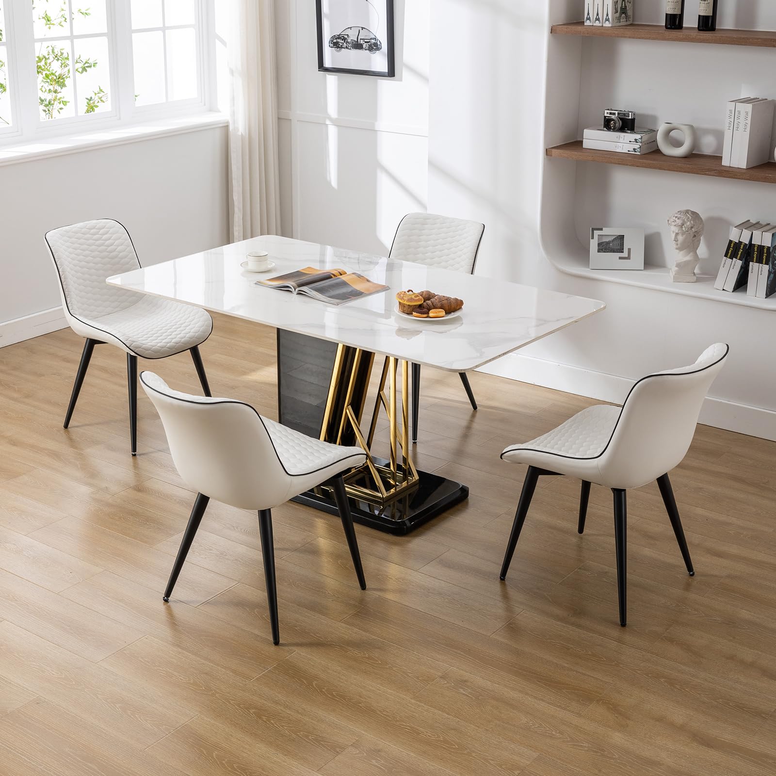 Fefances White Dining Chairs Set of 2 PU Leather Diamond Upholstered Modern Kitchen Dining Room Chairs Metal Thick Bar Counter Chairs High Back Home Kitchen Restaurant
