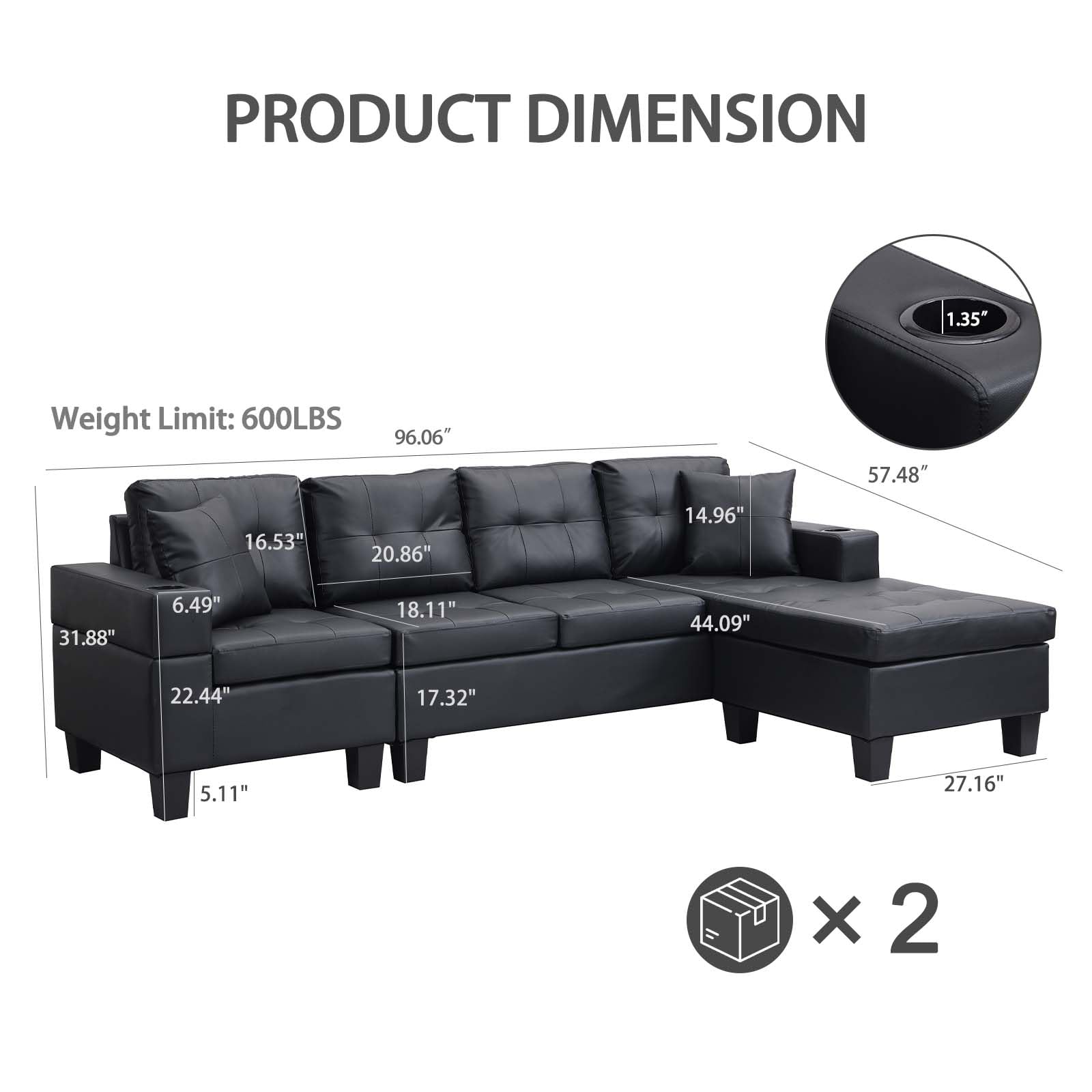 Sectional Sofa with Chaise,PU Sectional Sofa Set with Cup Holder,PU Fabric Sofa Set, Convertible Sectional Sofa,Reversible Sectional Couch for Living Room, L Shaped 4-seat Sectional Sofa Black