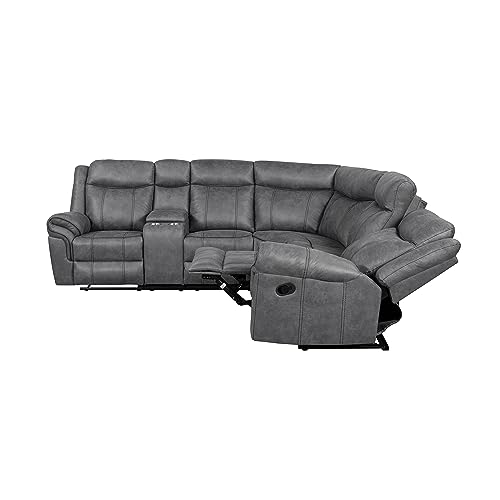 Evedy Manual Sectional, Oversized Recliner Sofas Seating with Cup Holder,Hide-Away Storage,2 USB Ports and 2 Power Sockets,for Home Theater,Living Room Furniture Set-Grey