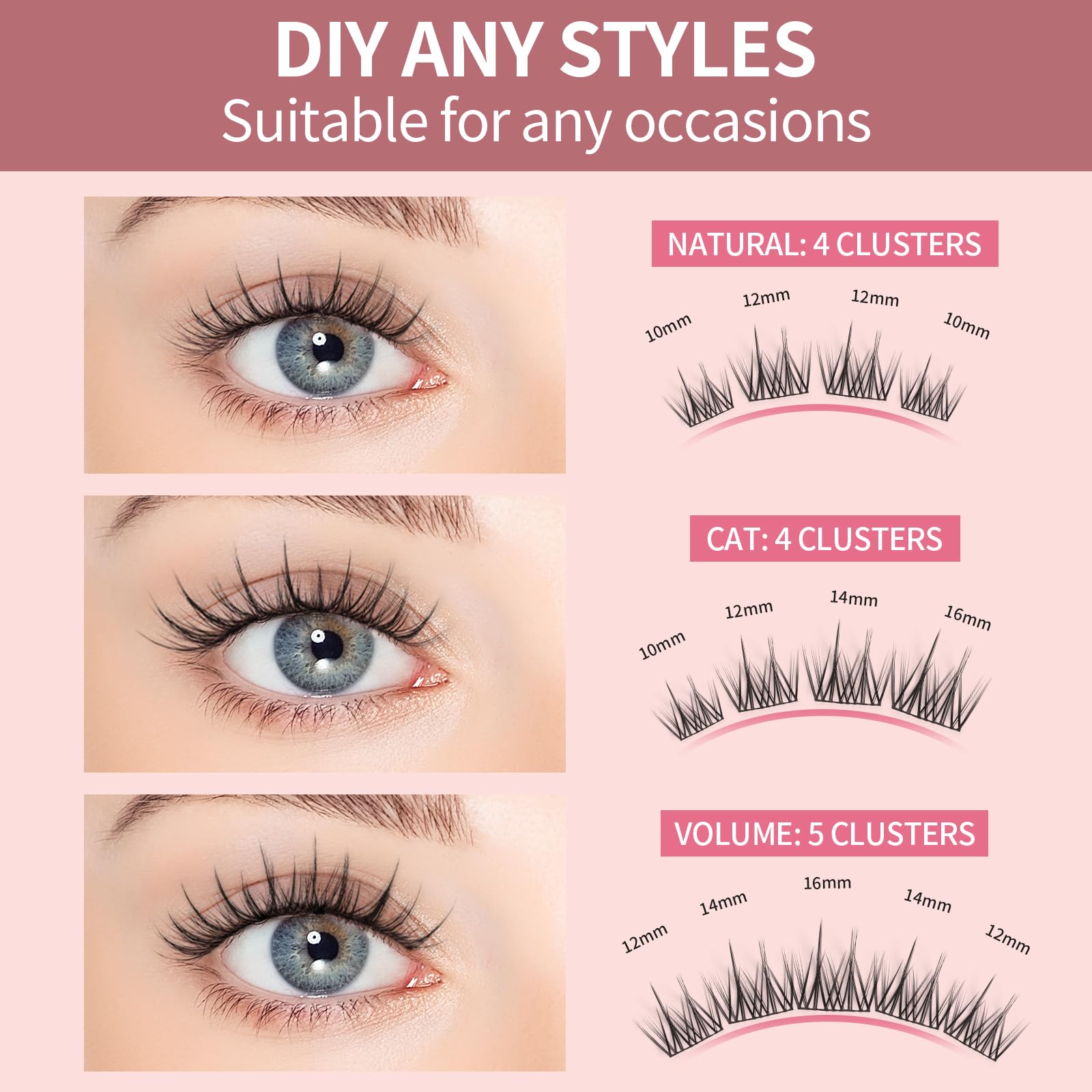 MLEN DIARY 296 Lash Clusters With Glue Individual Lashes Natural Eyelash Extension 4 in 1 False Lashes Manga Lashes Natural Look 9-12mm Lashes Wispy Cat Eye Lashes Fluffy Anime Eyelashes Extension Kit