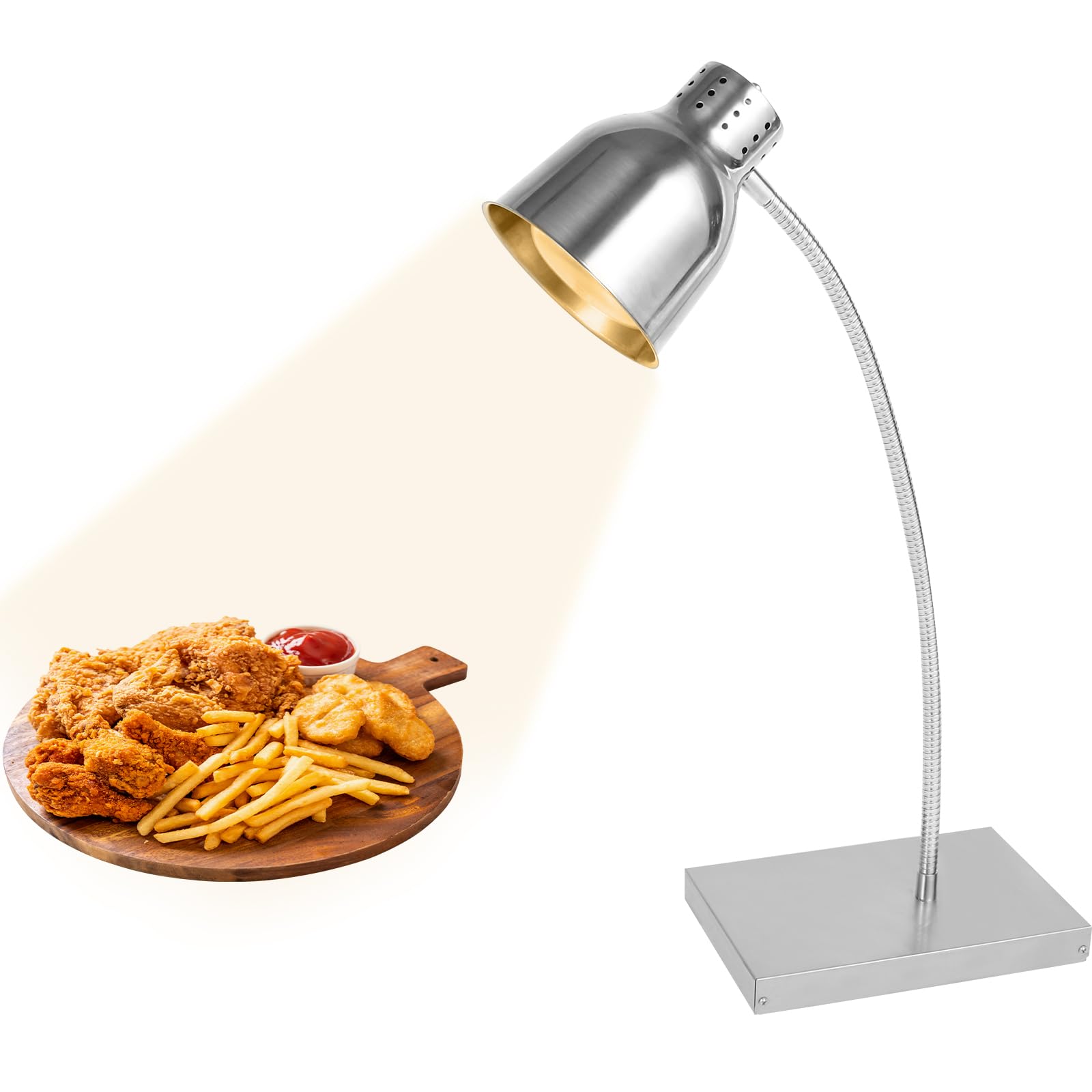 Restlrious Food Heat Lamp with 250w Bulb, Commercial Stainless Steel Food Warmer Lamp with Single Head & Flexible Arm, Electric Portable Infrared Heating Lamp for Buffet, Restaurant, Parties