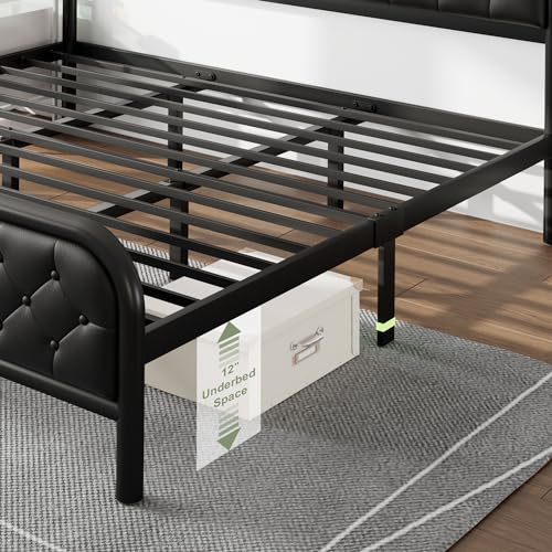 Feonase Queen Metal Platform Bed Frame with Faux Leather Tufted Headboard, 12" Storage, Steel Slats - No Box Spring Needed, Black