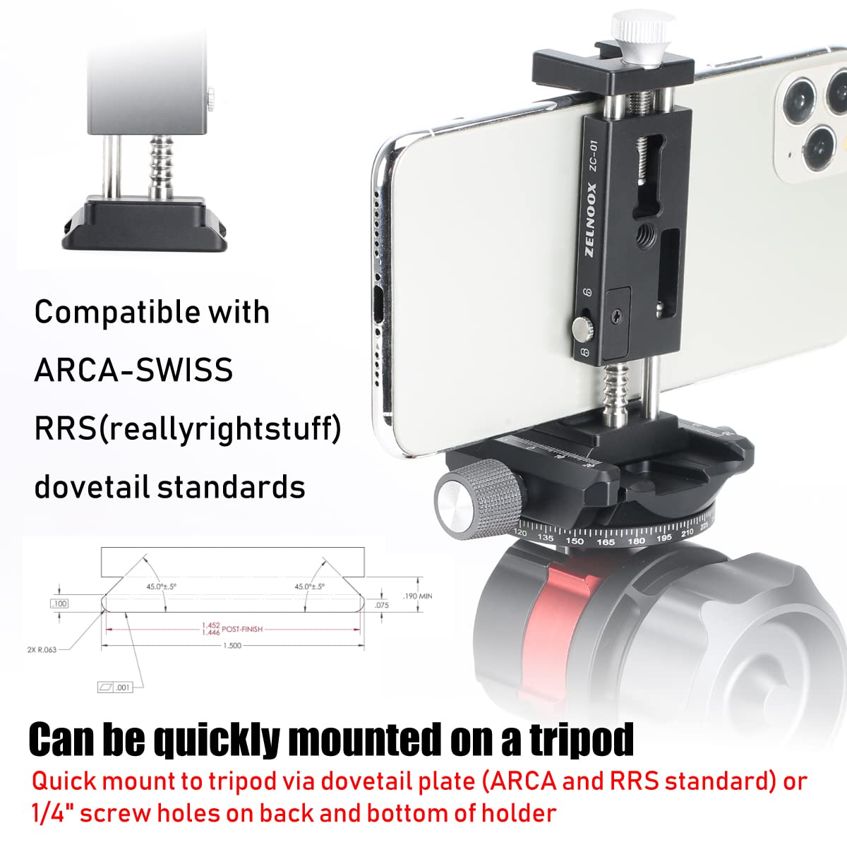 Metal Phone Tripod Mount, Arca/RRS(reallyrightstuff) Quick Release, 1/4" Screw Hole, Phone Holder with Cold Shoe for MIC Fill light, for iPhone 14 13 12 11 X 9 8 Max Pro Tripod Mount