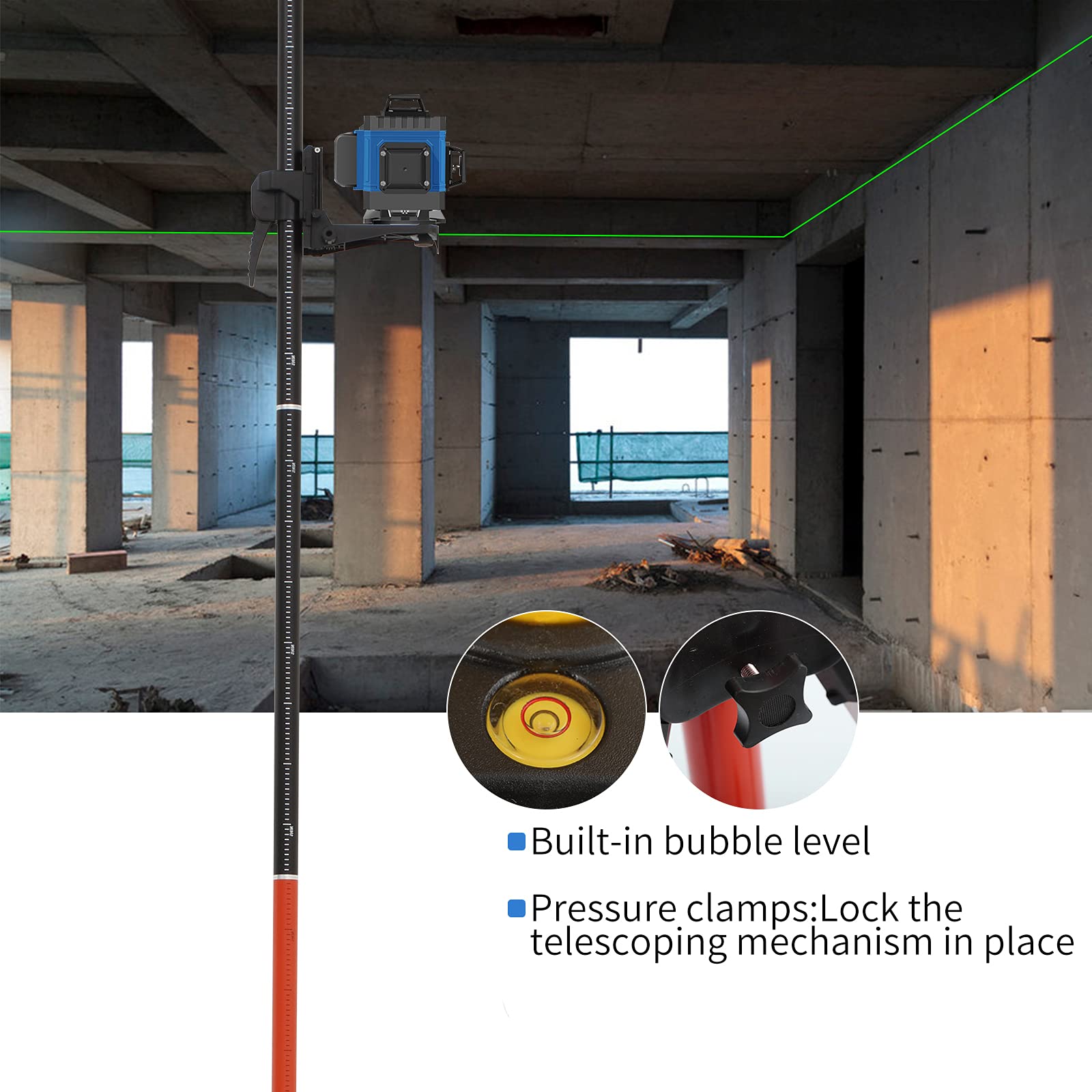 Laser Level Pole, Telescoping Tripod Pole 12FT/3.7M with Tripod Adjustable Mount 5/8''&1/4'' Thread for Bosch Dewalt Rotary and Line Rotary Lasers (MP2 Pole with Tripod)