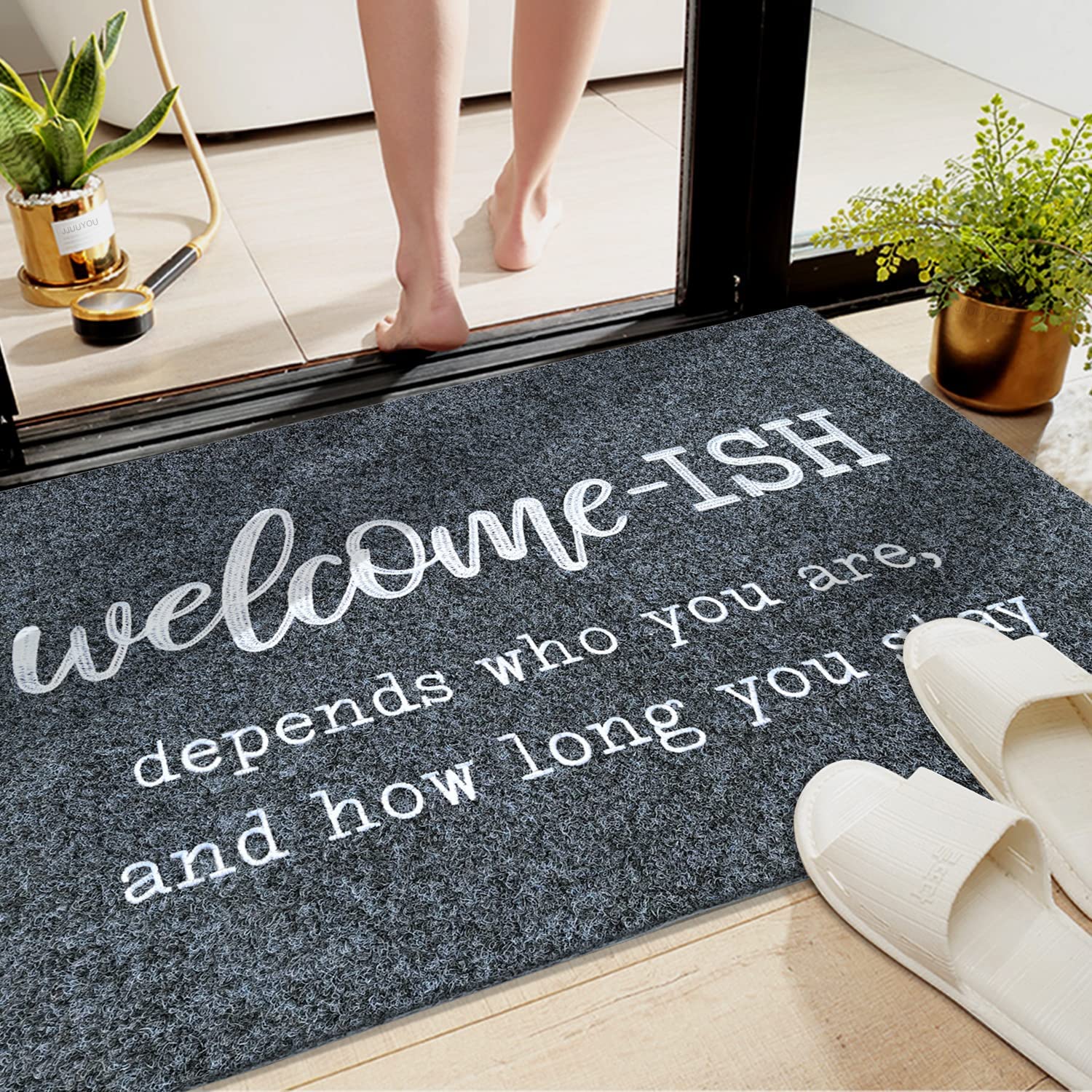 Large Welcome Mat for Front Door Outside Patio Mats Funny Welcome-ish Gray Doormat Non Slip Rubber Backing Entryway Low Profile Mats for Entry Shoe Mats 24"x36"