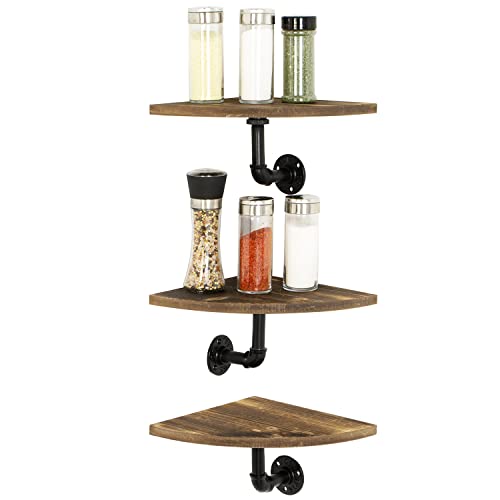 MyGift Wall Mounted Floating Corner Shelves, Rustic Burnt Solid Wood Rounded Corner Shelf with Black Metal Pipe Mounting Brackets, Set of 3