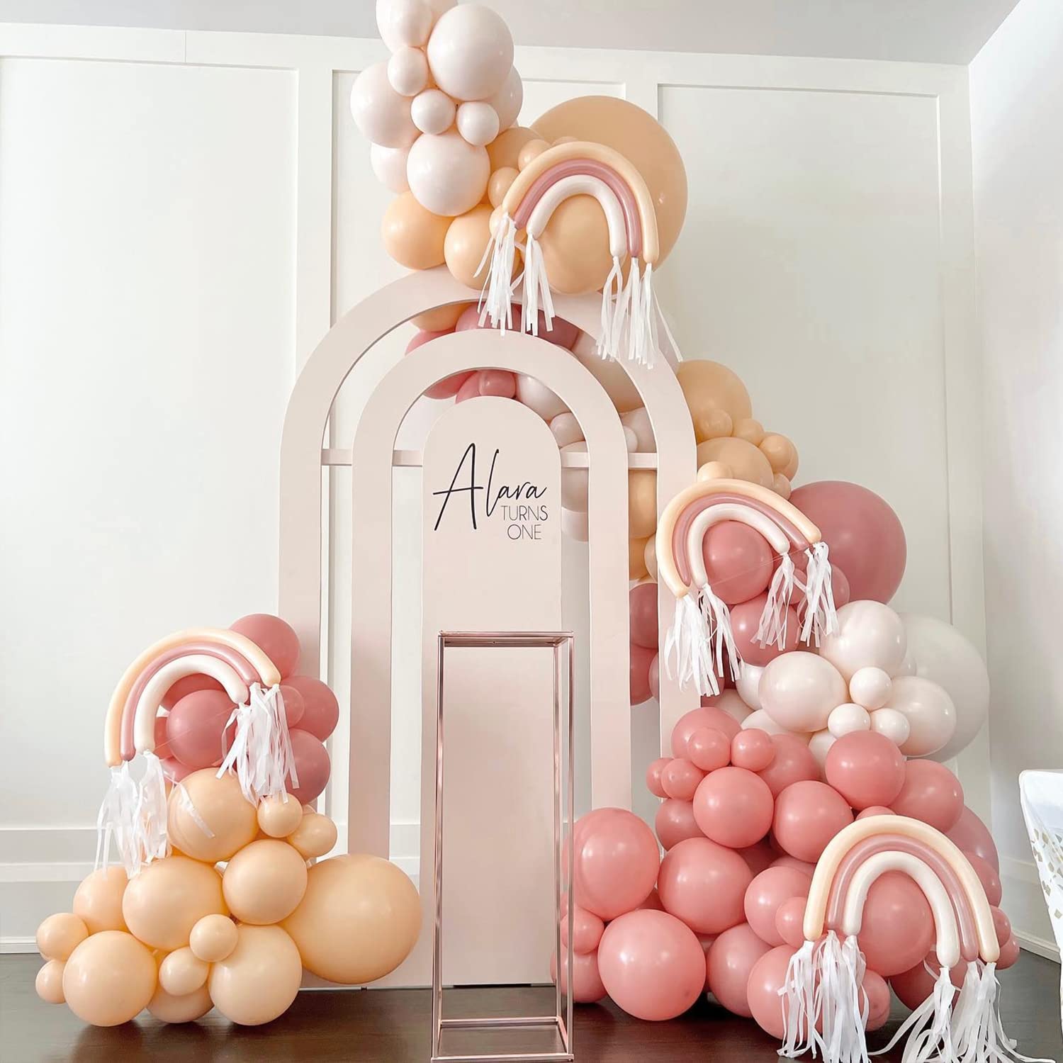 FENCYGIH 130Pcs Boho Balloon Garland Arch Kit, Boho Baby Shower Decorations with Dusty Pink Nude Sand White Long Twisting Balloons White Paper Tassels for Two Groovy Boho Rainbow Party Decorations