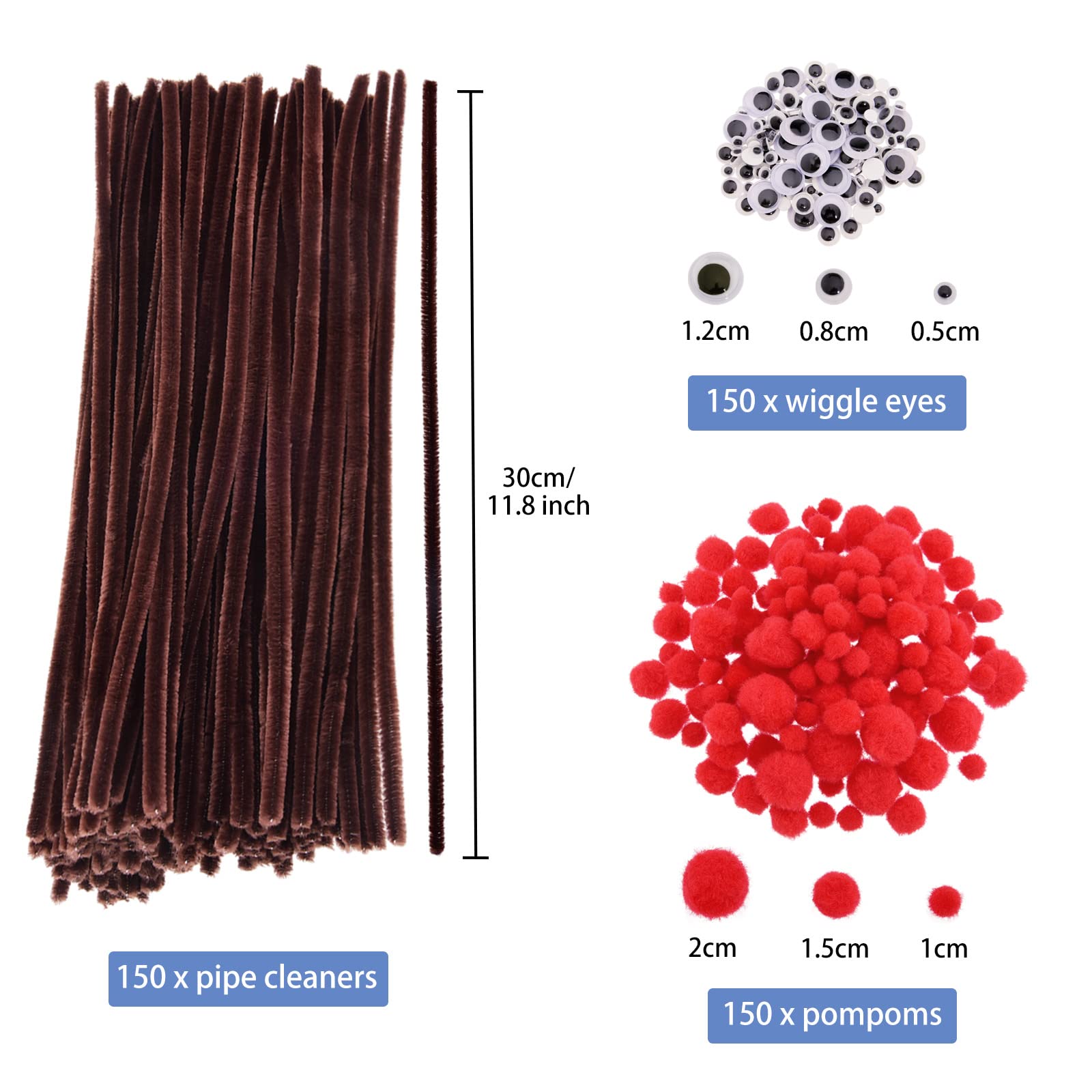 OOQCMM 450 Pieces Christmas Brown Pipe Cleaners Set, Includes 150 Pieces Chenille Stems, 150 Pieces Wiggle Eyes and 150 Pieces Pompoms for Christmas Art Craft