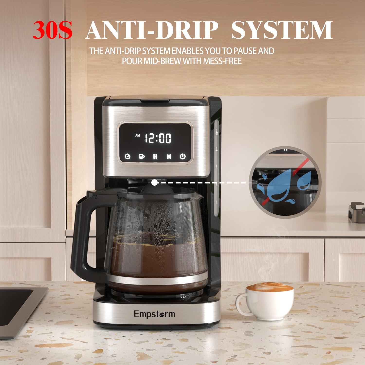 Empstorm 12 Cup Programmable Drip Coffee Maker - 1000W Fast Brew Coffee Machine with Glass Carafe, Auto Shut Off & 4-Hour Keep Warm, Anti-Drip System, Strong Brew, Black with Stainless Steel Accents