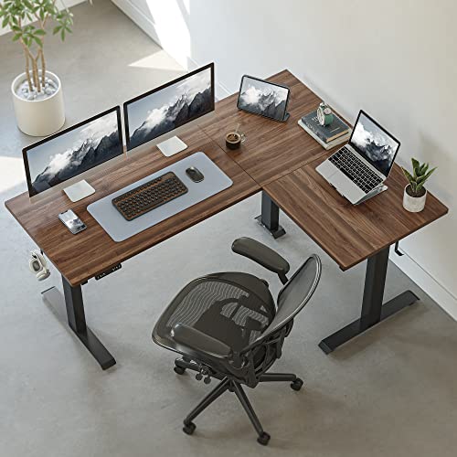 FEZIBO Triple Motor L-Shaped Electric Standing Desk, 63 Inches Height Adjustable Stand up Corner Desk, Sit Stand Workstation with Splice Board, White Frame/White Top