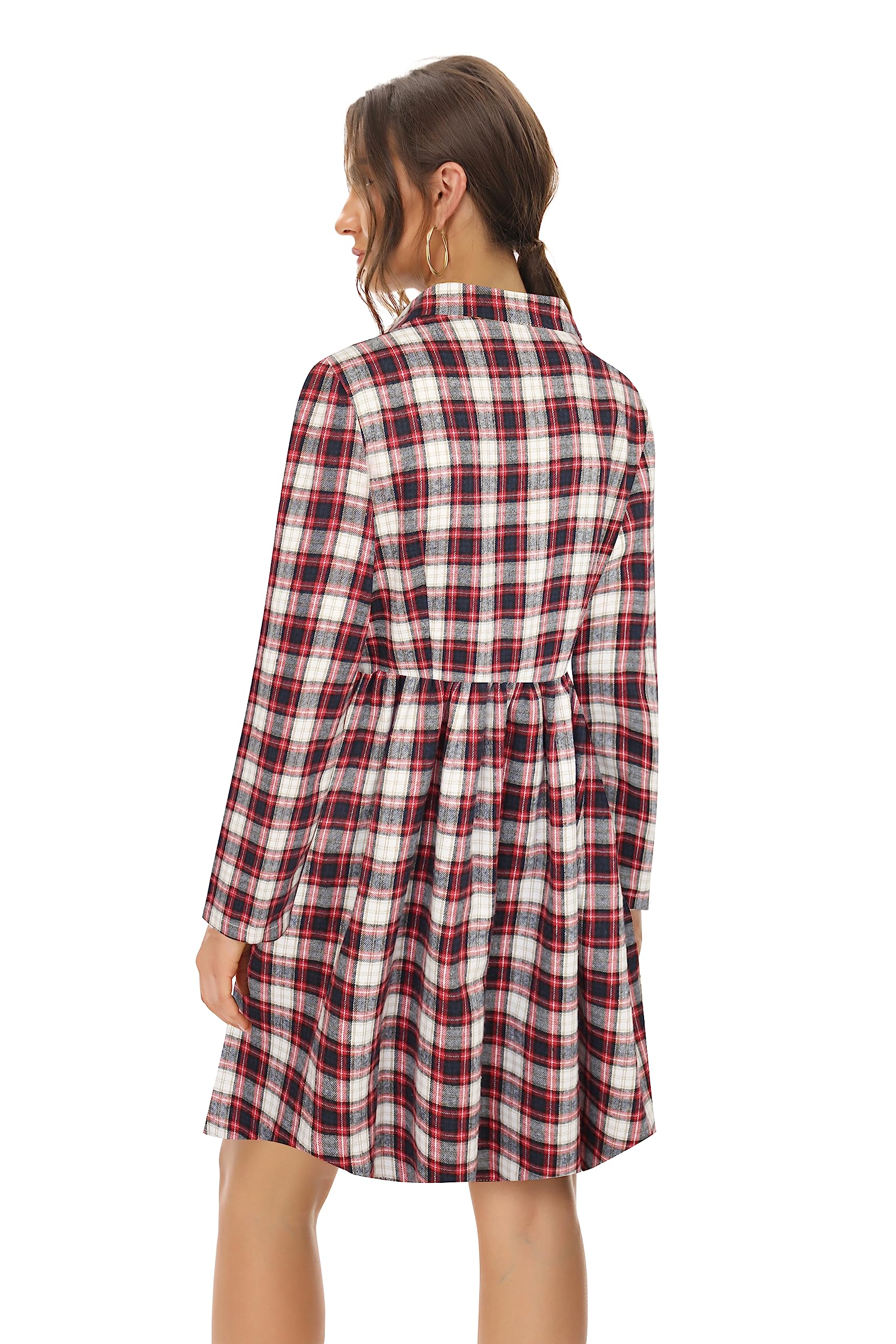 FANCYINN Women's Gingham Stand Collar Shirt Dress Button Up Casual Round Up Long Sleeve Mini Plaid Shirt Dresses Christmas Red and Black S